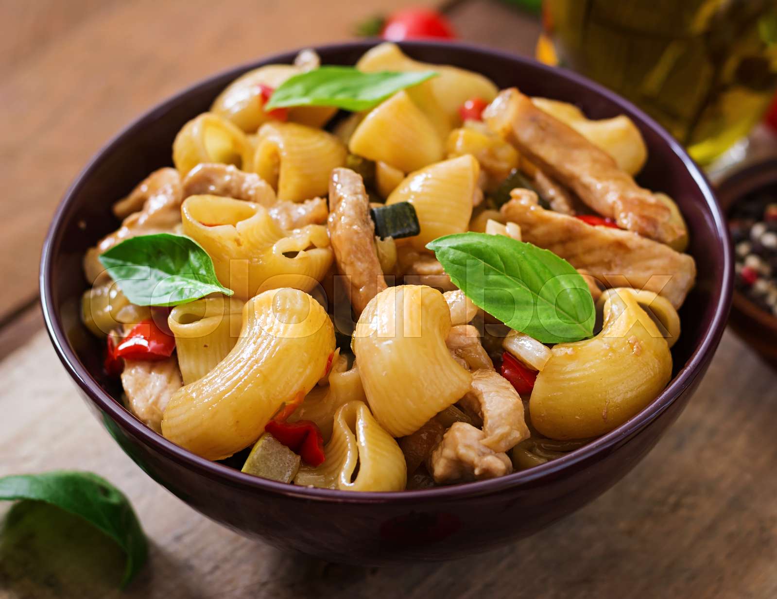Pasta Gomiti Rigati with meat and vegetables in an Asian style. | Stock ...