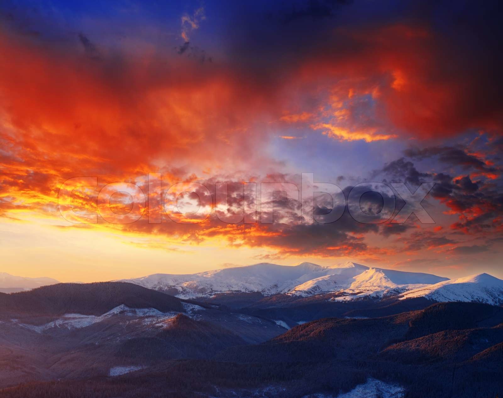Majestic sunset in the winter mountains landscape. HDR image | Stock ...