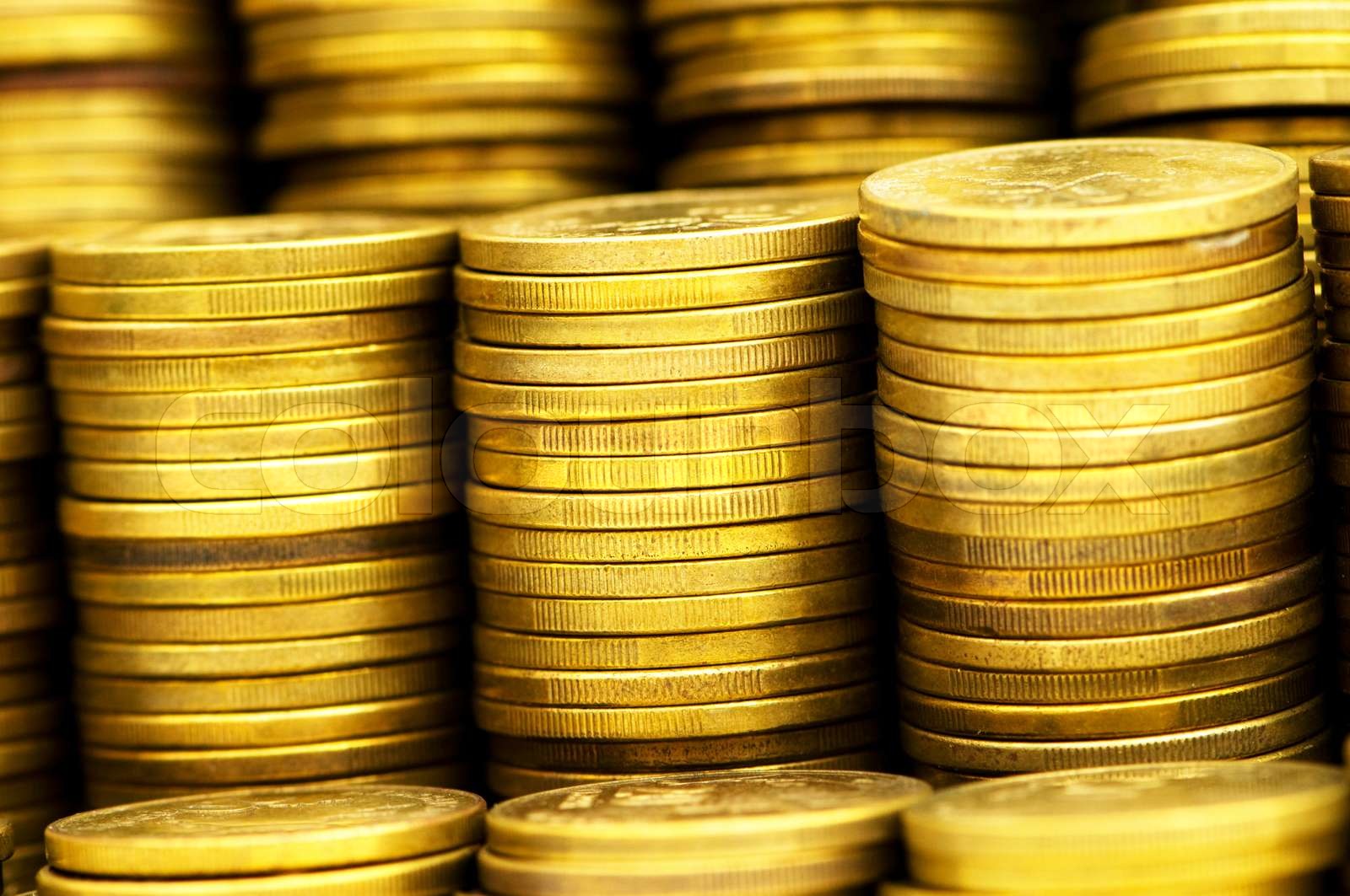 Close up of the golden coin stacks | Stock image | Colourbox