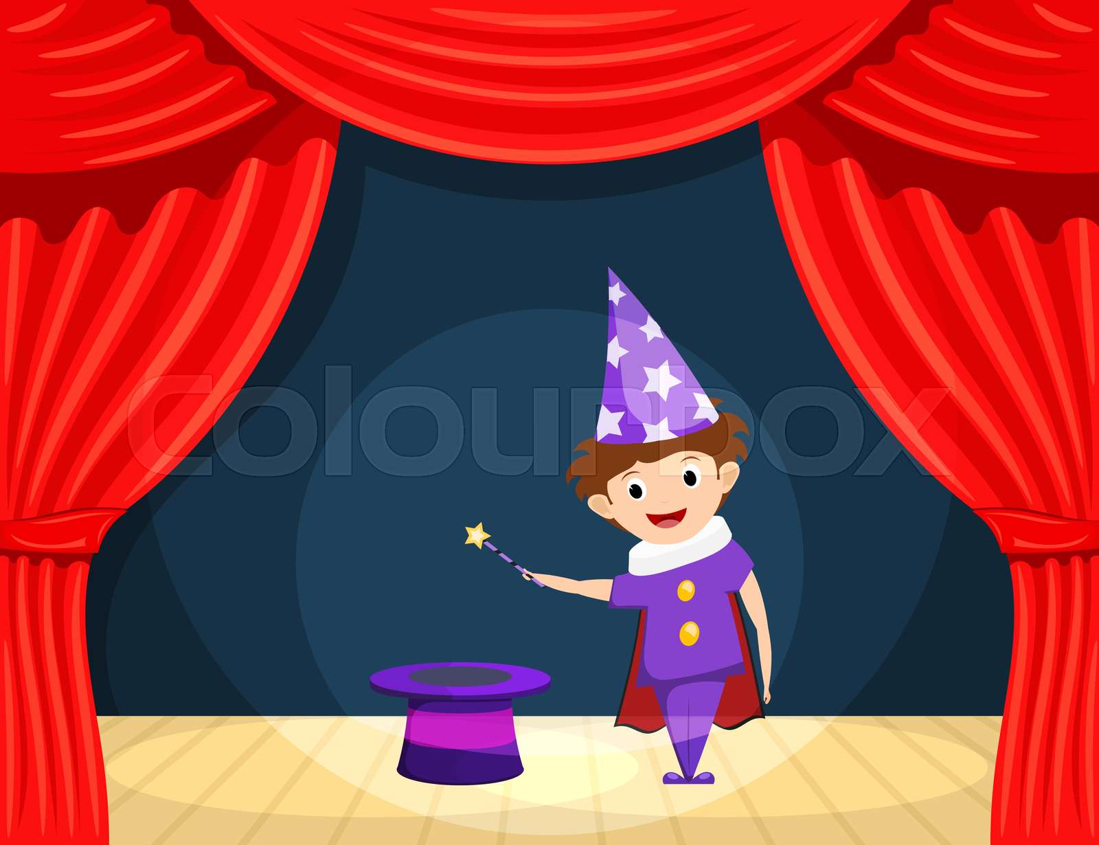 Young magician on stage. Children's performance. Small actor with a ...