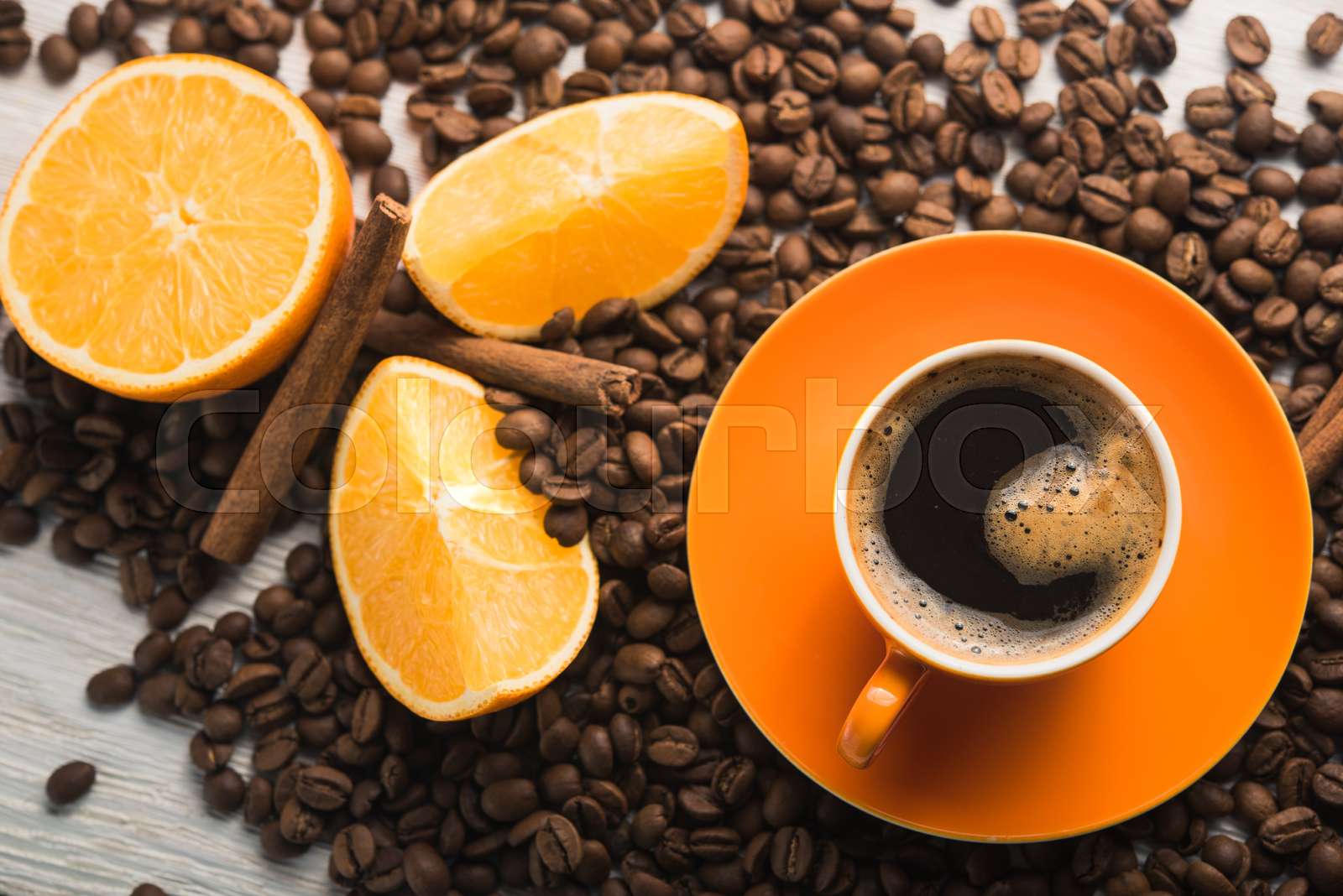 coffee cup with orange fruit | Stock image | Colourbox