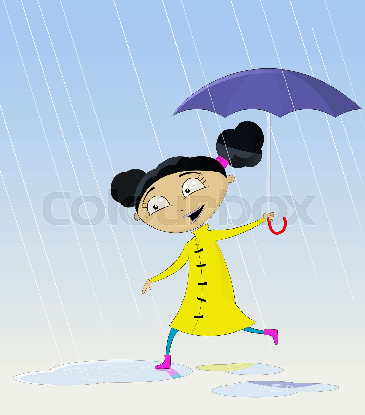 Cartoon girl under rain white isolated vector | Stock vector | Colourbox