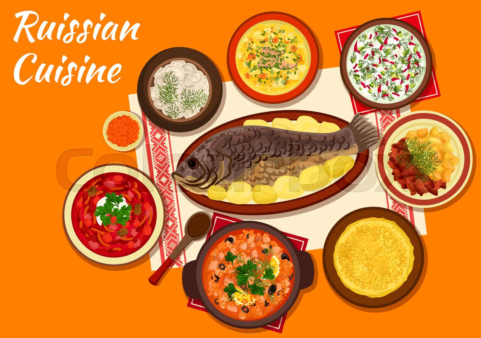 Russian cuisine dishes for dinner menu design | Stock vector | Colourbox