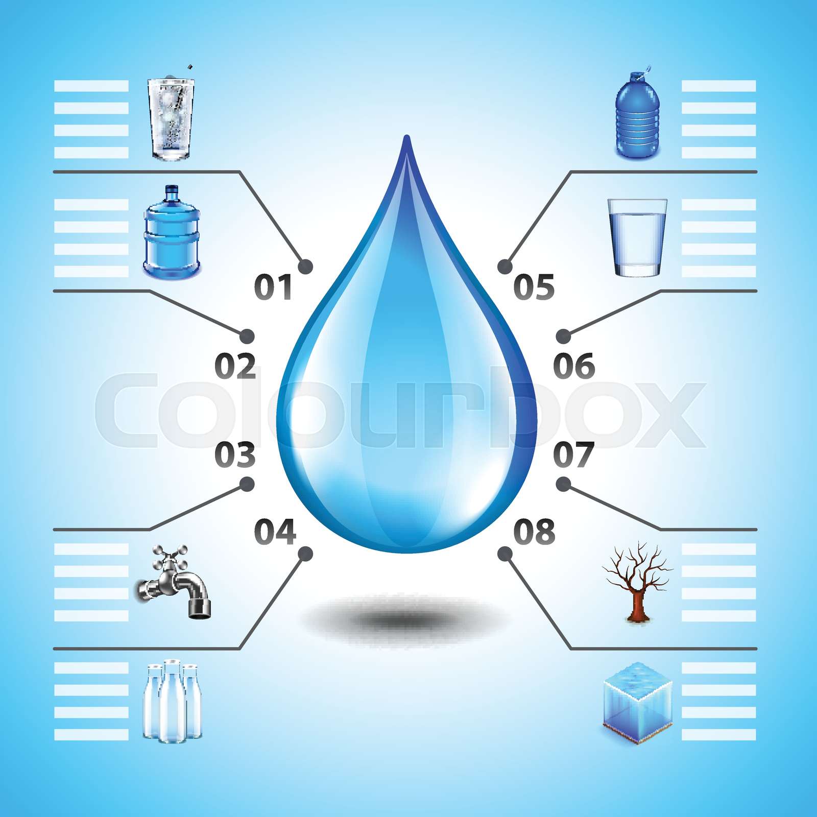 Water infographics with big drop and small icons | Stock vector | Colourbox