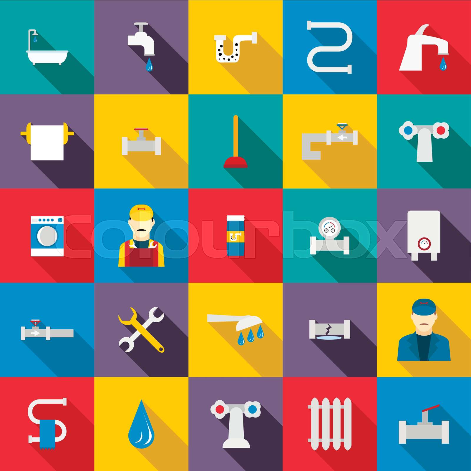 Plumbing icons set, flat style | Stock vector | Colourbox