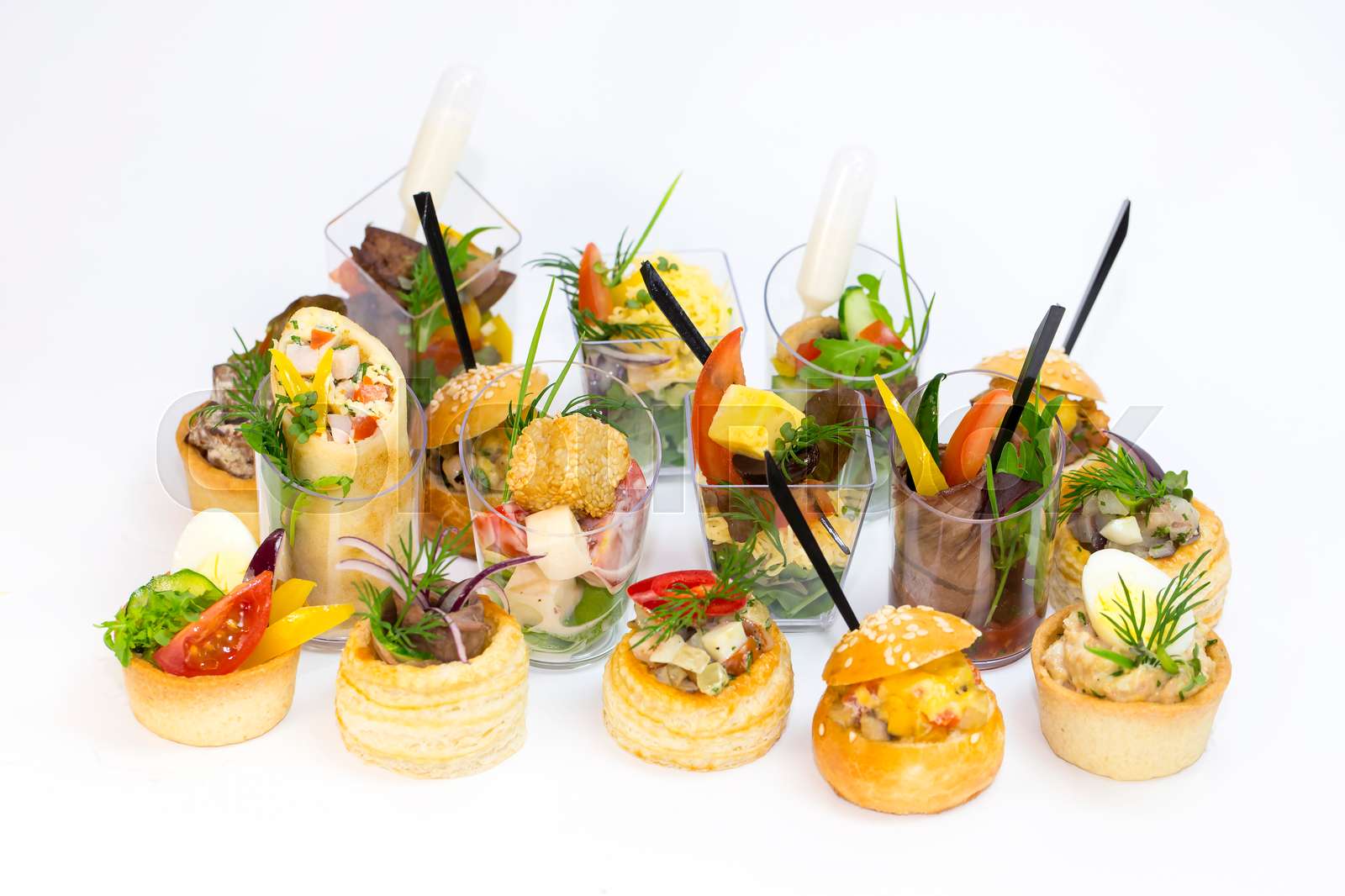 Mini Canape with meat and vegetables in plastic cups | Stock image ...