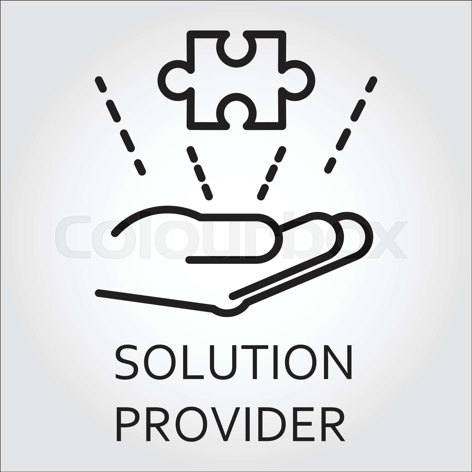 Black flat line vector icon with a picture of solution provider as hand ...