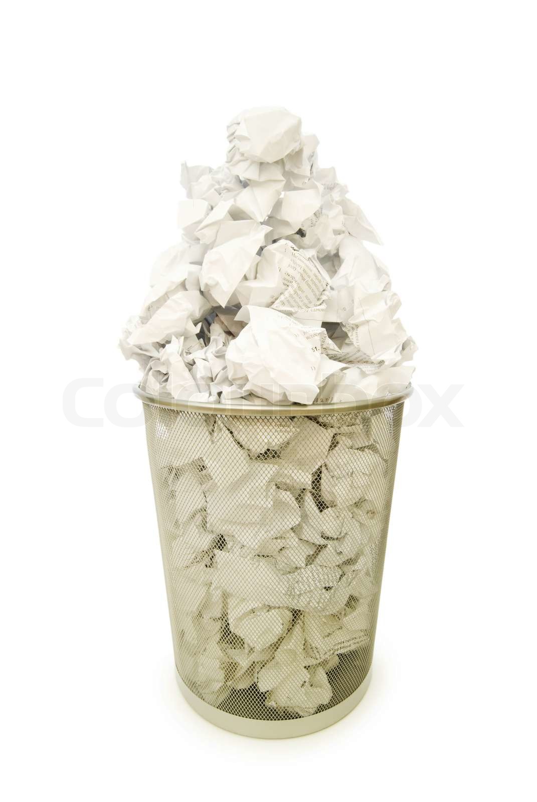 Garbage bin with paper waste isolated on white | Stock image | Colourbox