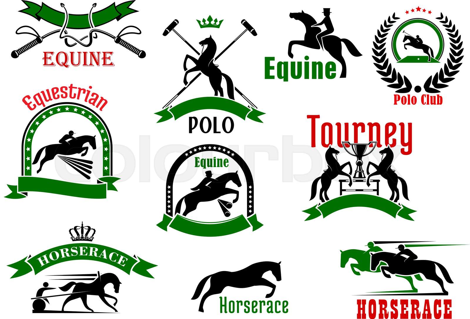 Horses with riders icons for equestrian design | Stock vector | Colourbox