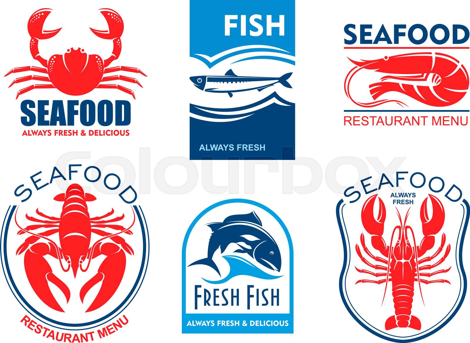 Seafood icons. Fresh fish restaurant menu | Stock vector | Colourbox
