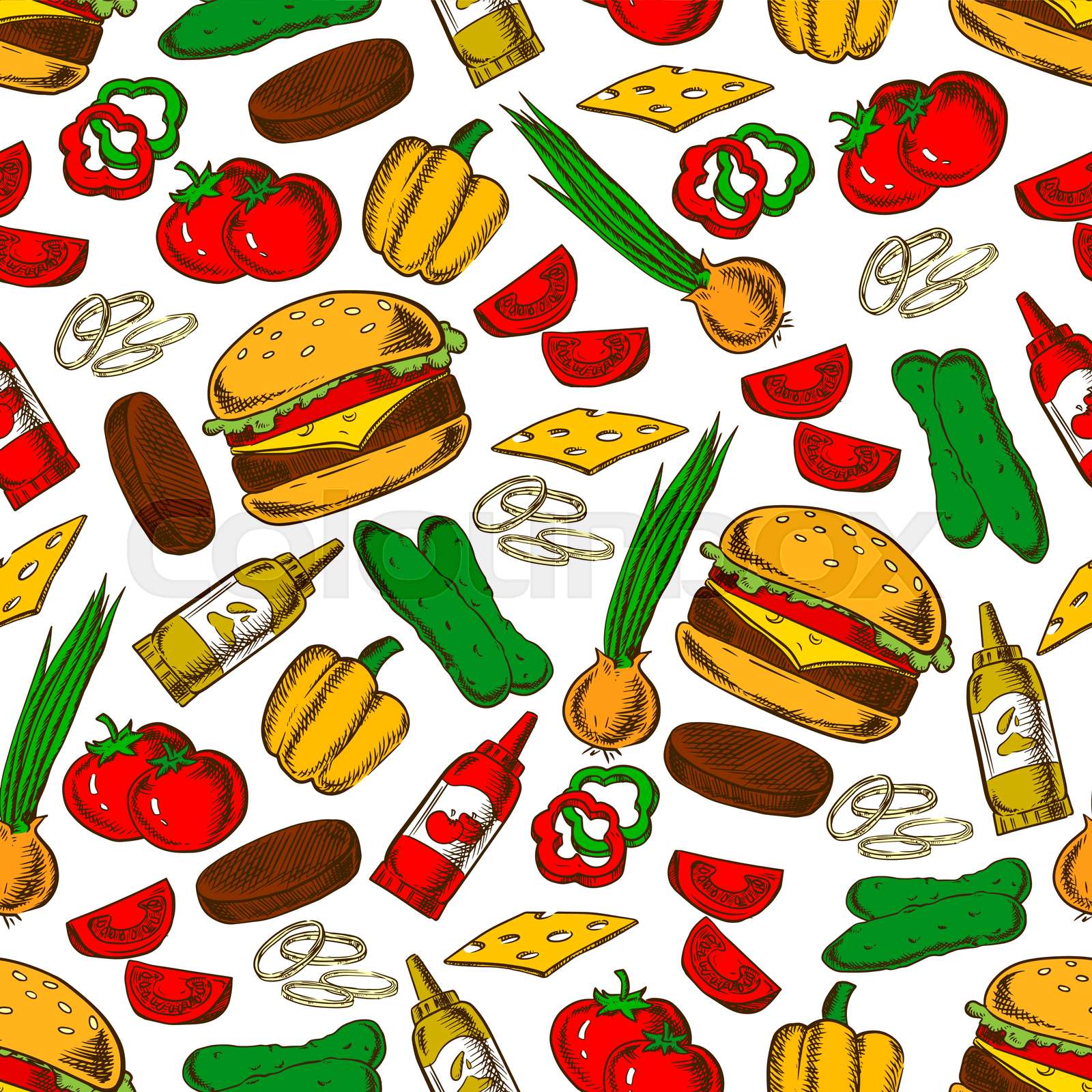 Fast food burger with ingredients seamless pattern | Stock vector ...