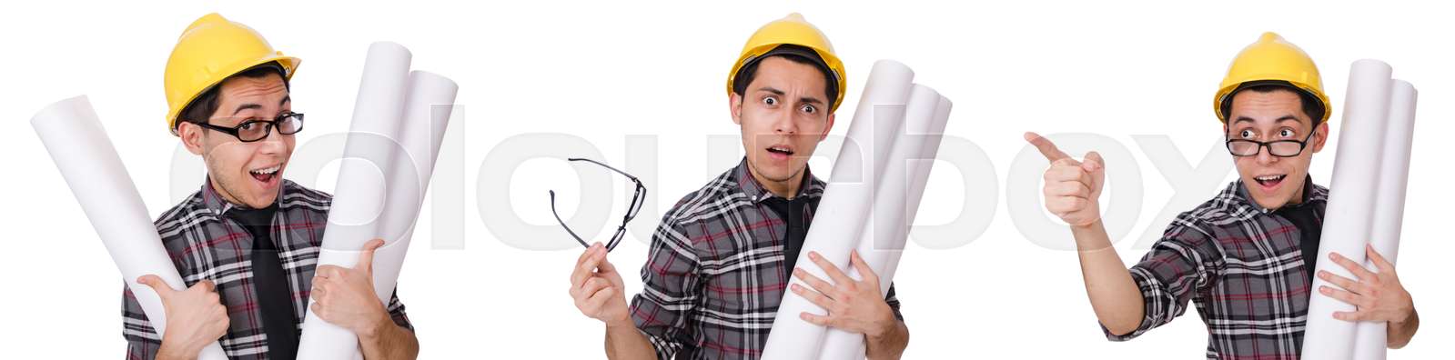 Funny man with blueprints on white | Stock image | Colourbox
