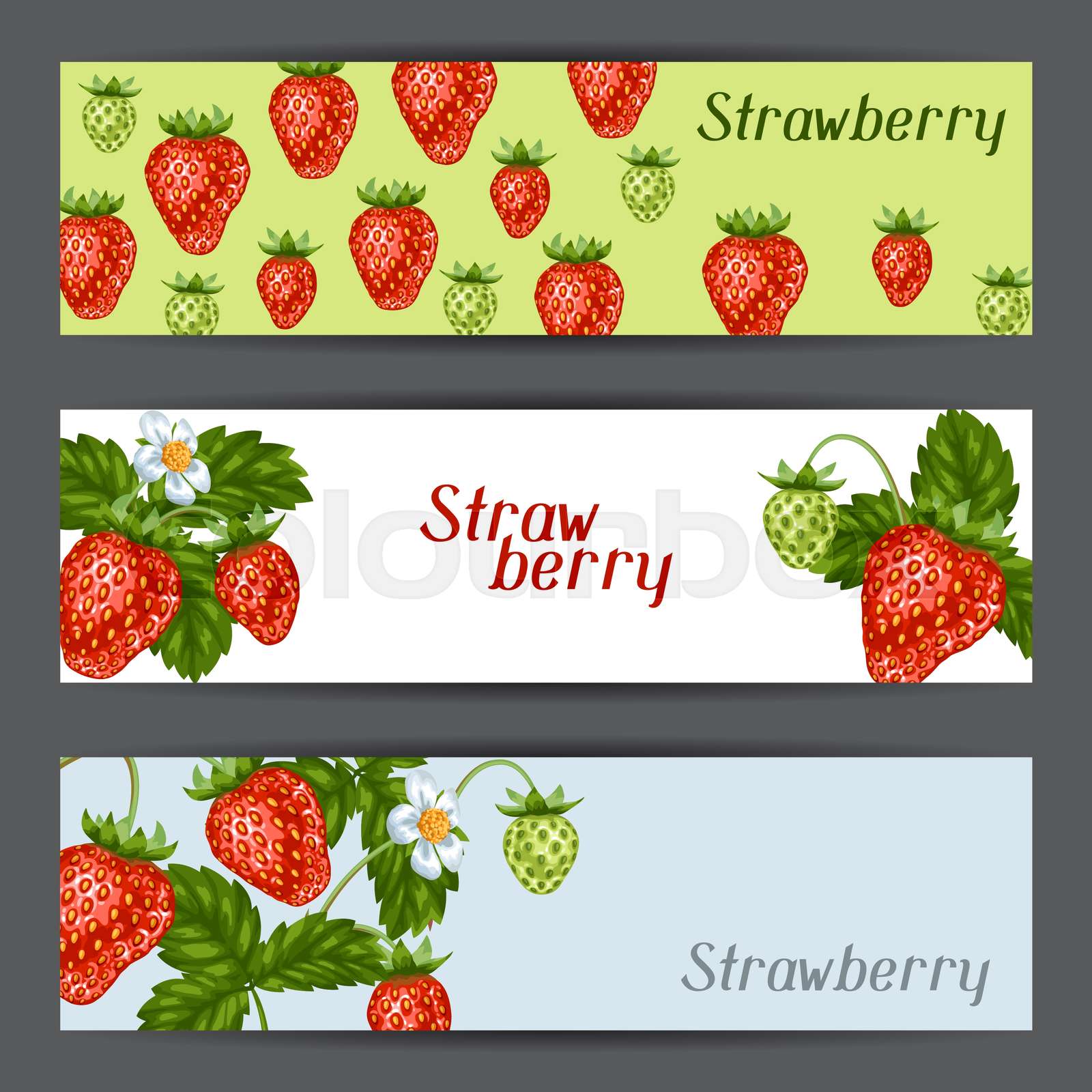 Banners with red strawberries. Illustration of berries and leaves ...