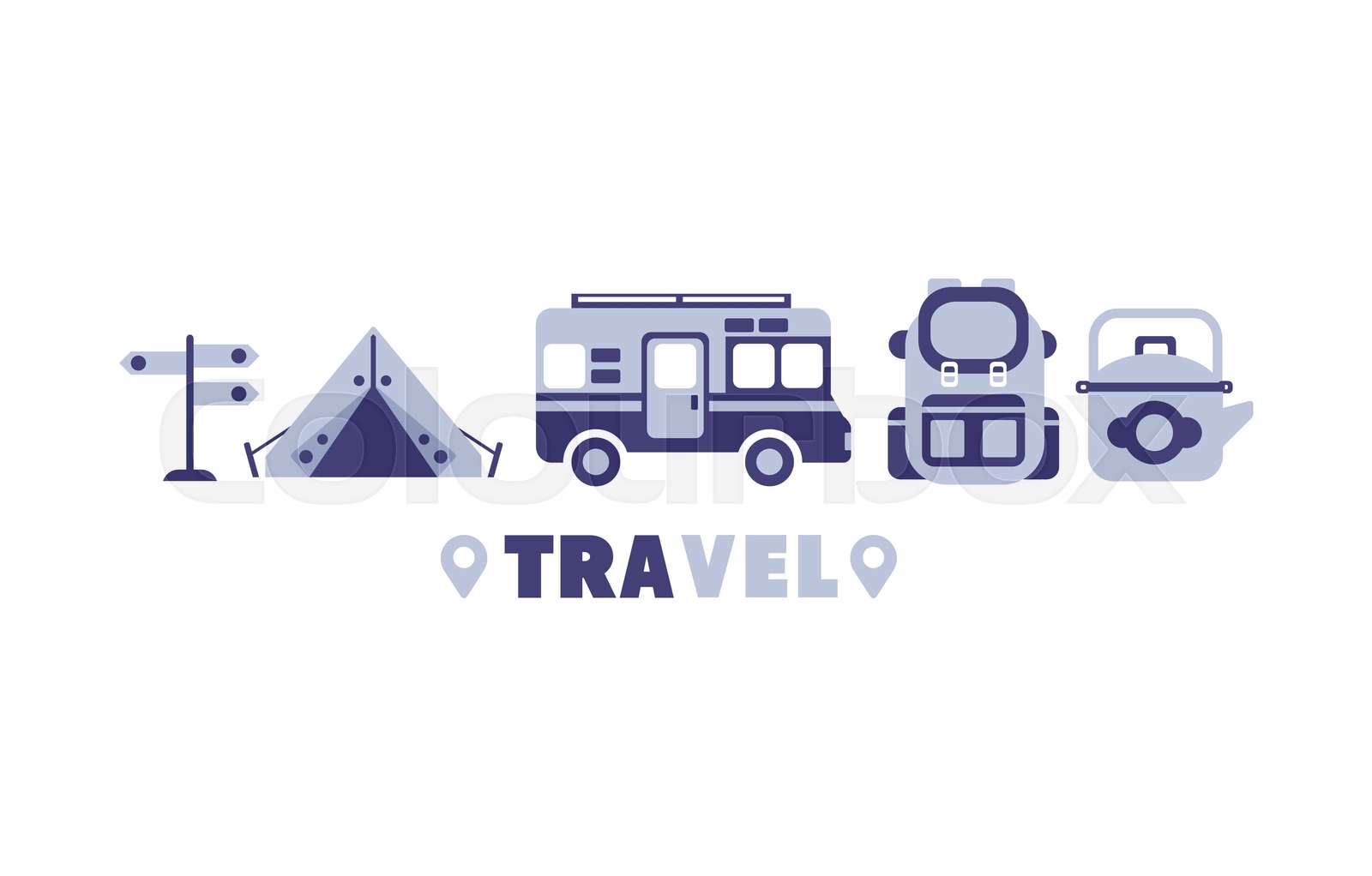 Active Trip Travel Symbols Set By Five In Line | Stock vector | Colourbox