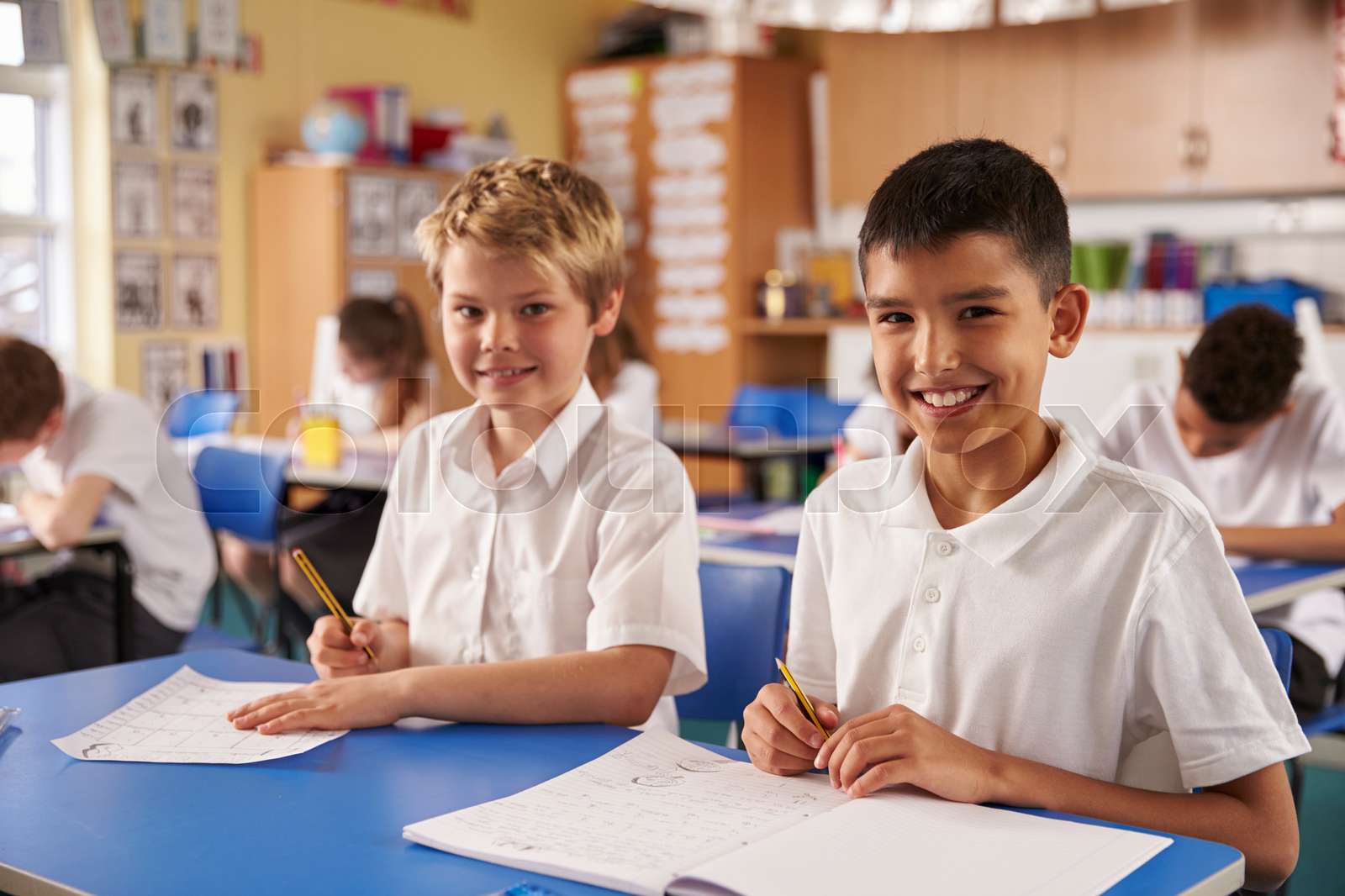 Two schoolboys in a primary school class, looking to camera | Stock ...