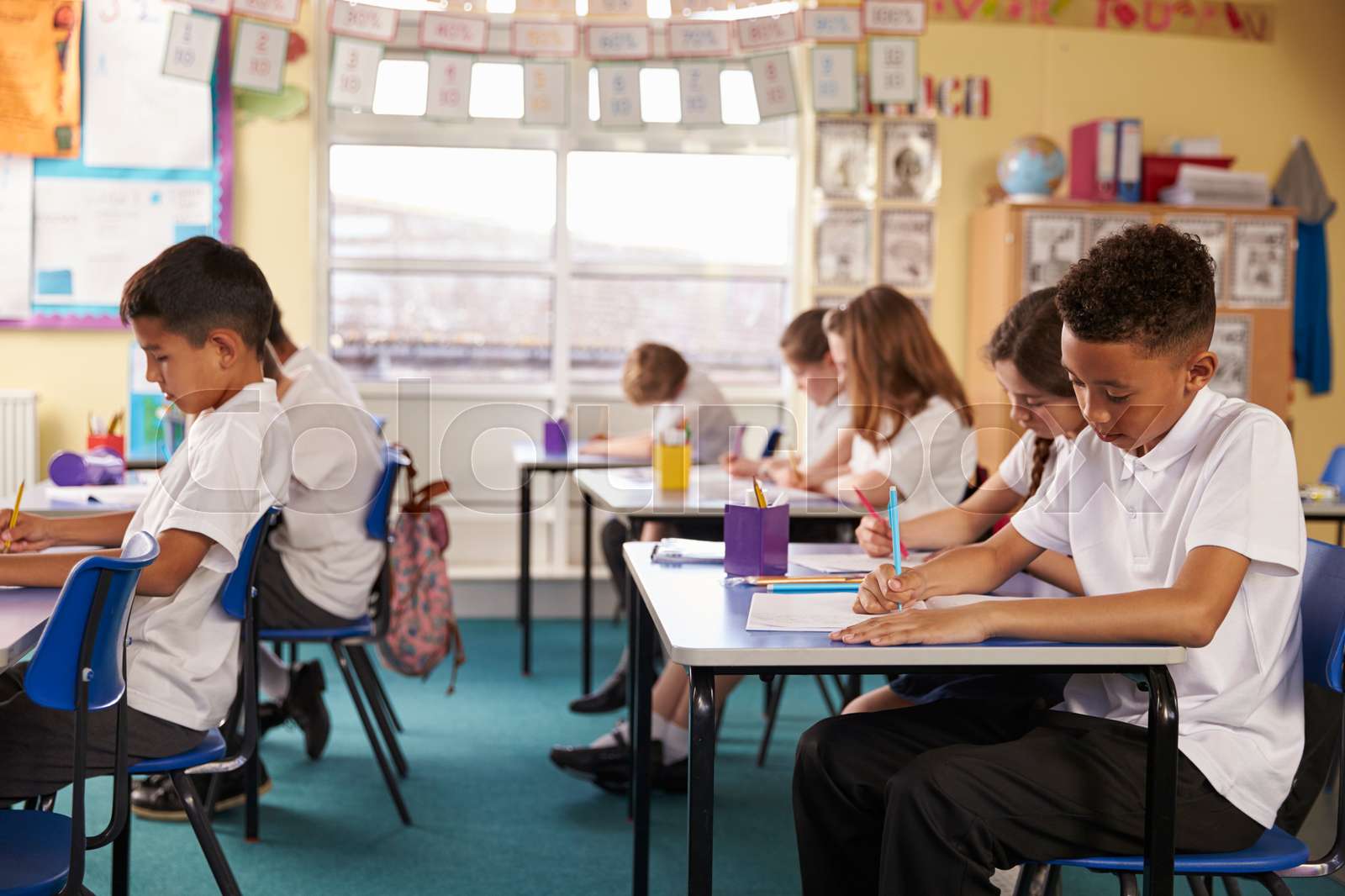 Pupils in a lesson at a primary school classroom, side view | Stock ...