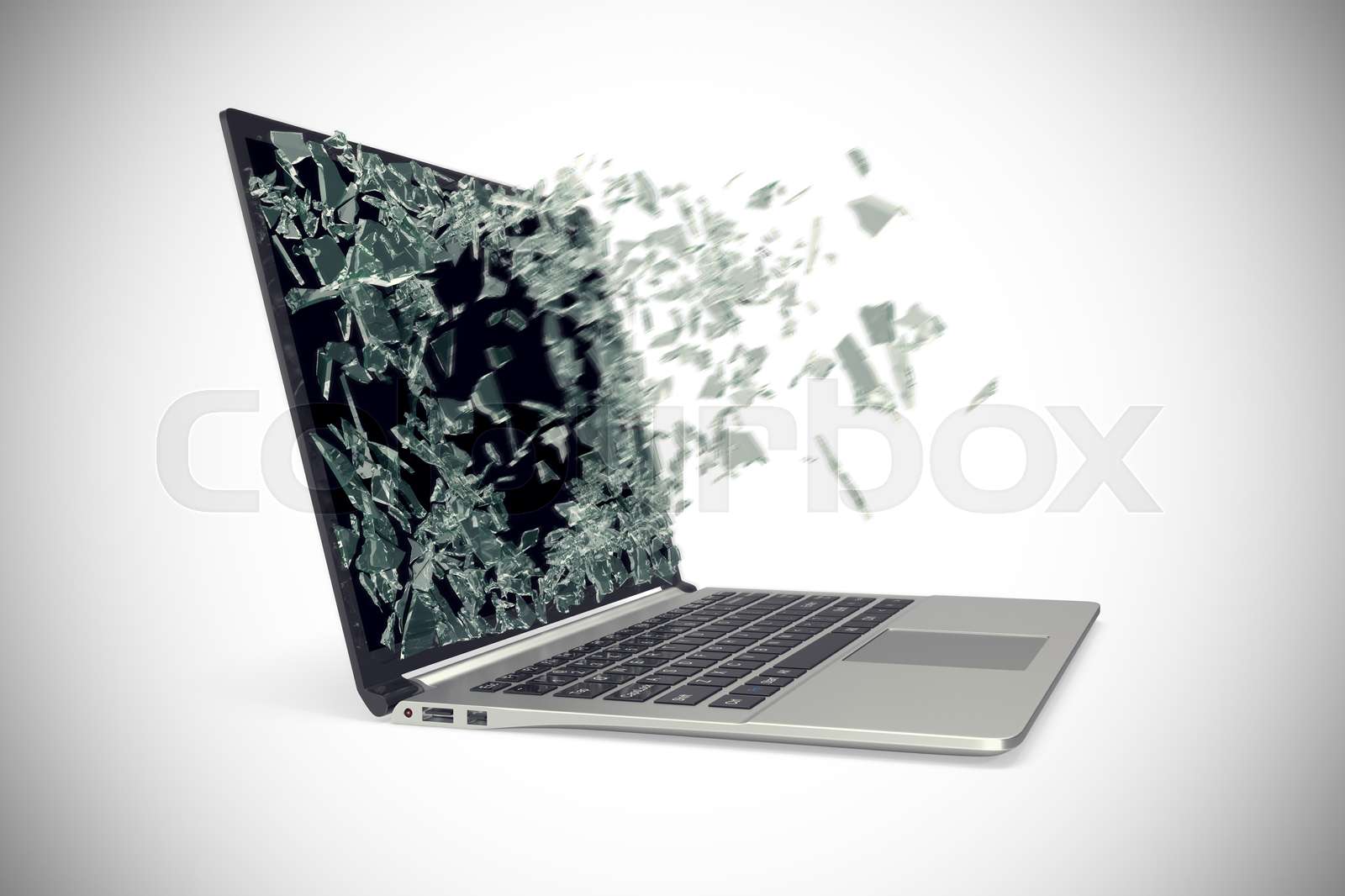 Modern metal laptop with broken screen isolated on white background. 3d ...