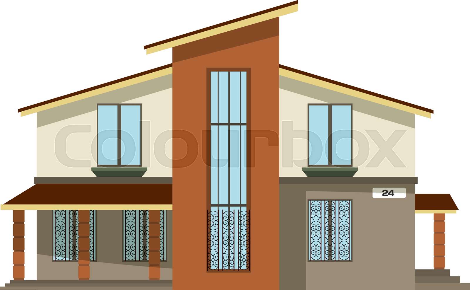 Flat style. Cartoon building. Modern two-storey private house with a ...