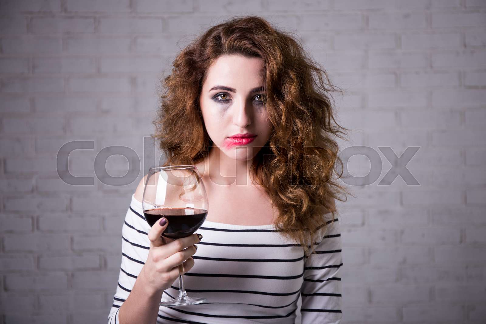 depression - portrait of sad woman crying and drinking wine | Stock ...