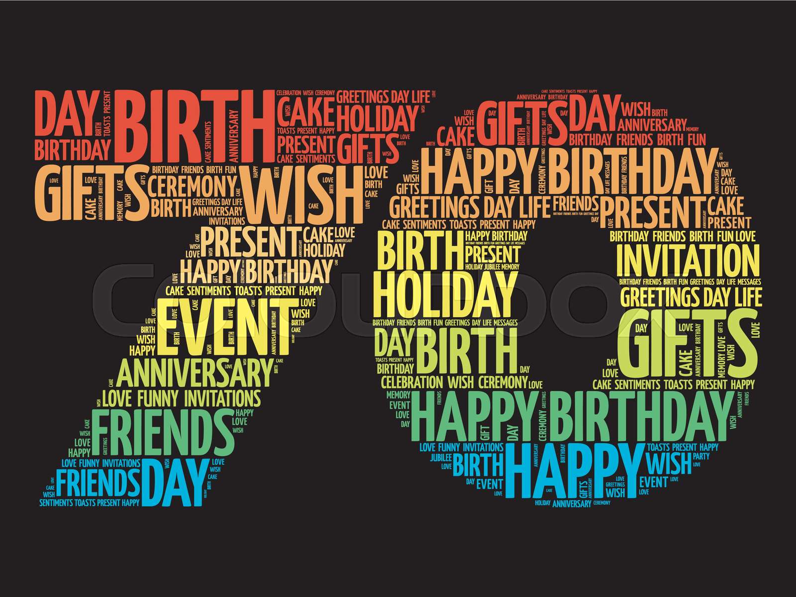 Happy 70th birthday word cloud | Stock vector | Colourbox