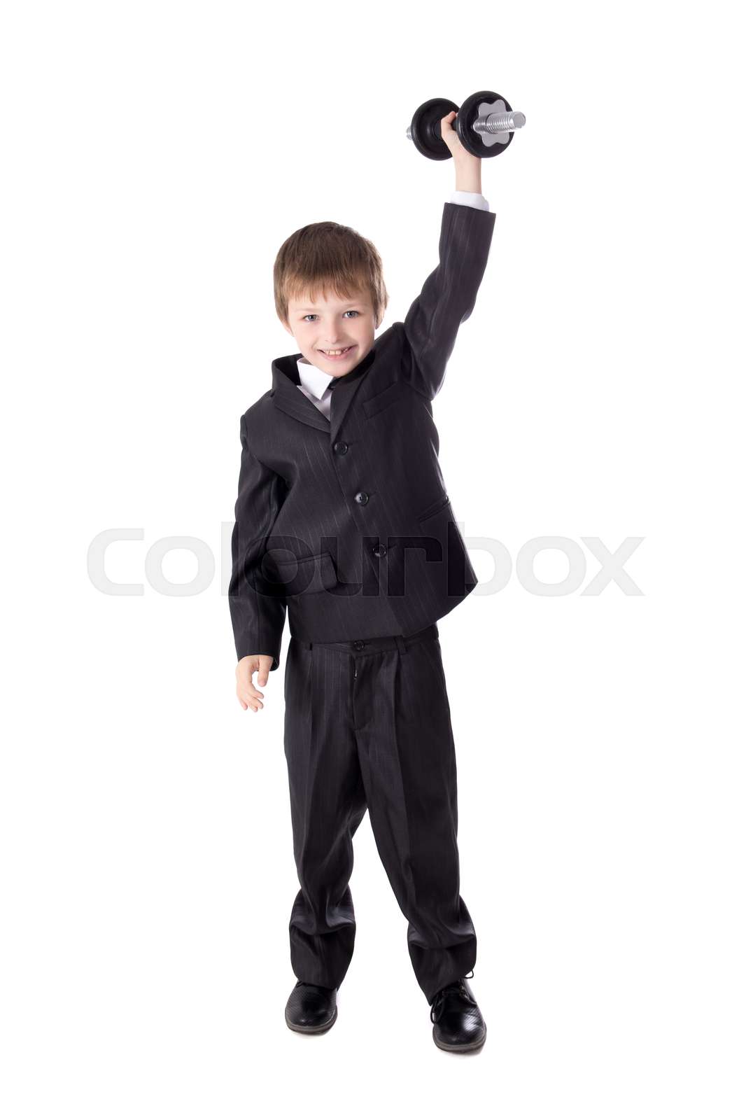 hard work and success concept - cute little boy in business suit with ...