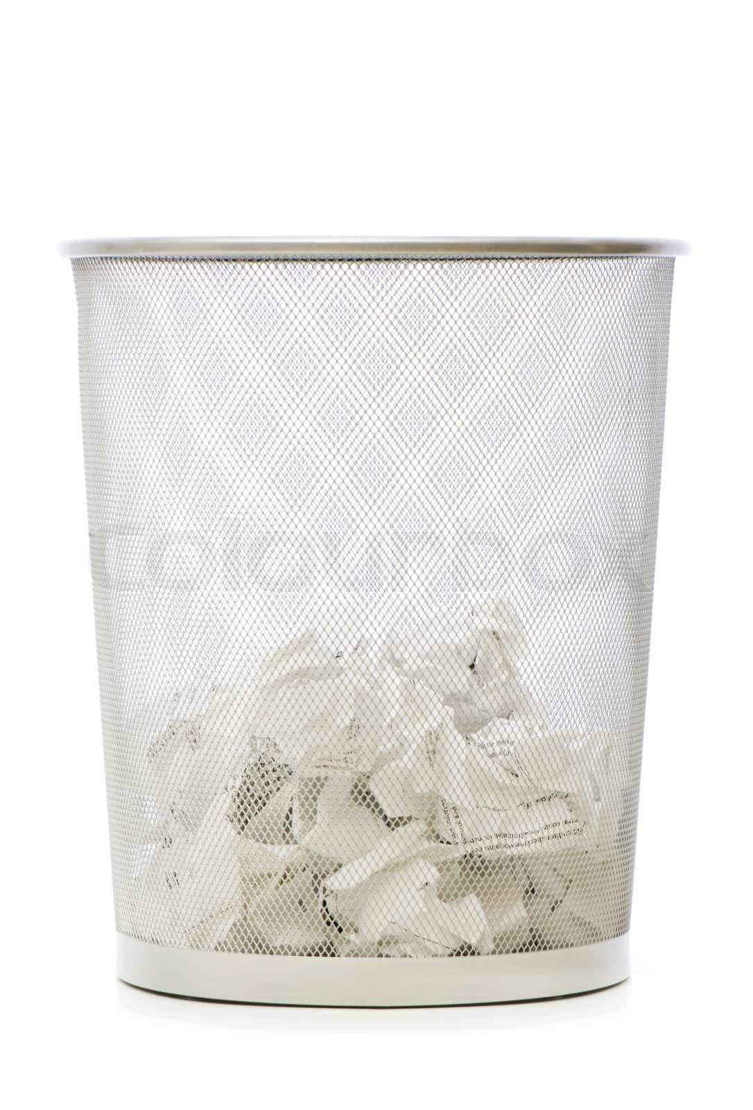 Garbage bin with paper waste isolated on white | Stock image | Colourbox