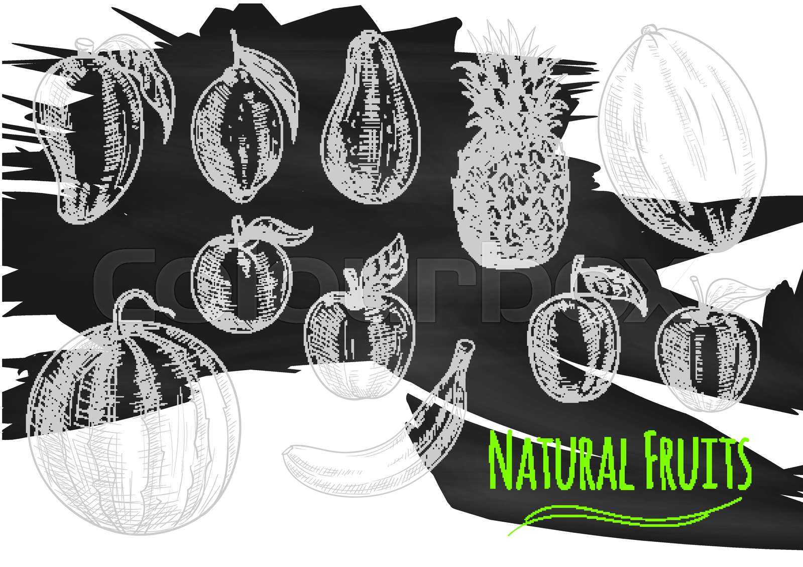 Natural fresh fruits chalk sketch on chalkboard | Stock vector | Colourbox