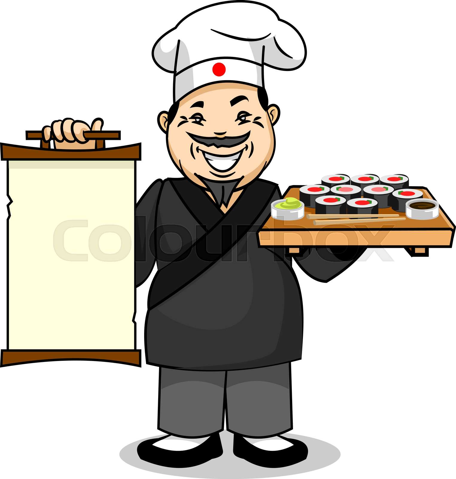 Japanese cook with menu and sushi | Stock vector | Colourbox
