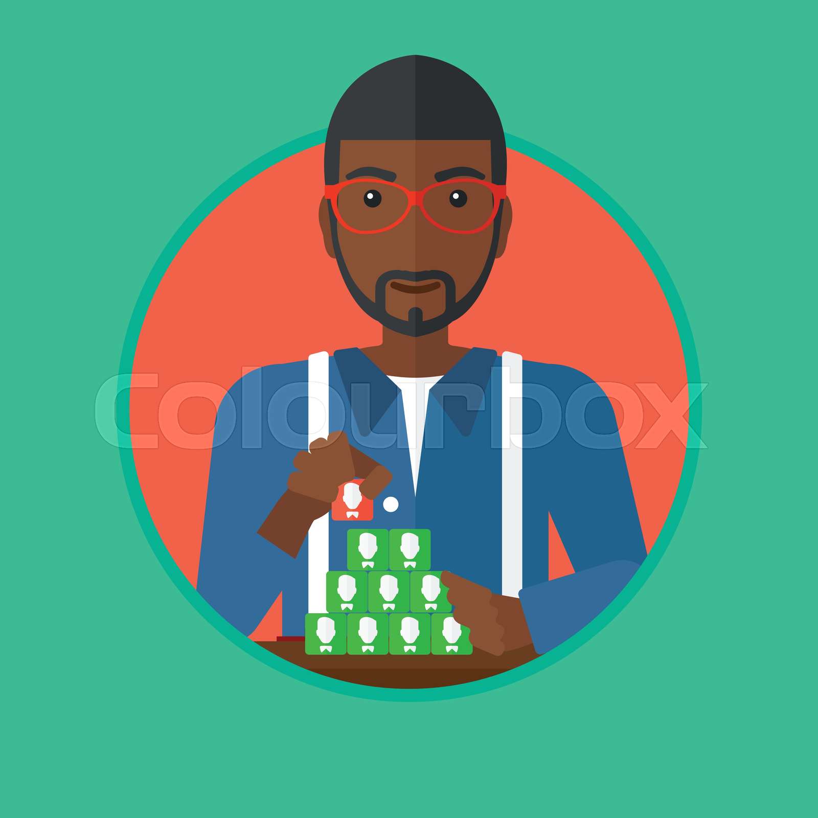 Man building pyramid of network avatars. | Stock vector | Colourbox