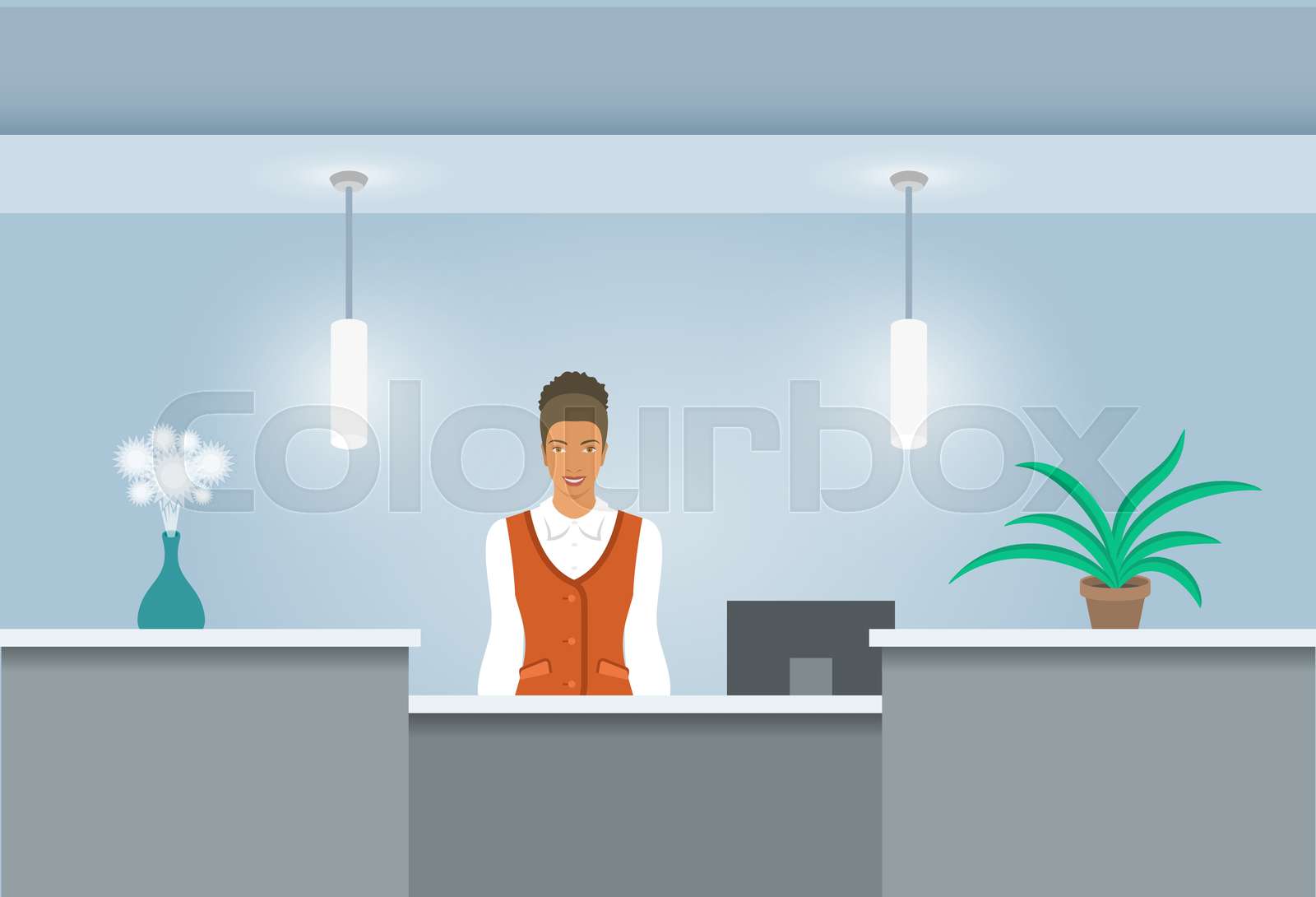 African American Woman receptionist at reception desk front view ...