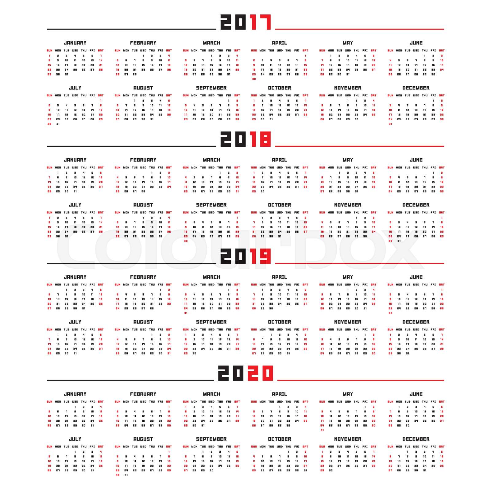 Calendar for 2017, 2018, 2019, 2020 | Stock vector | Colourbox