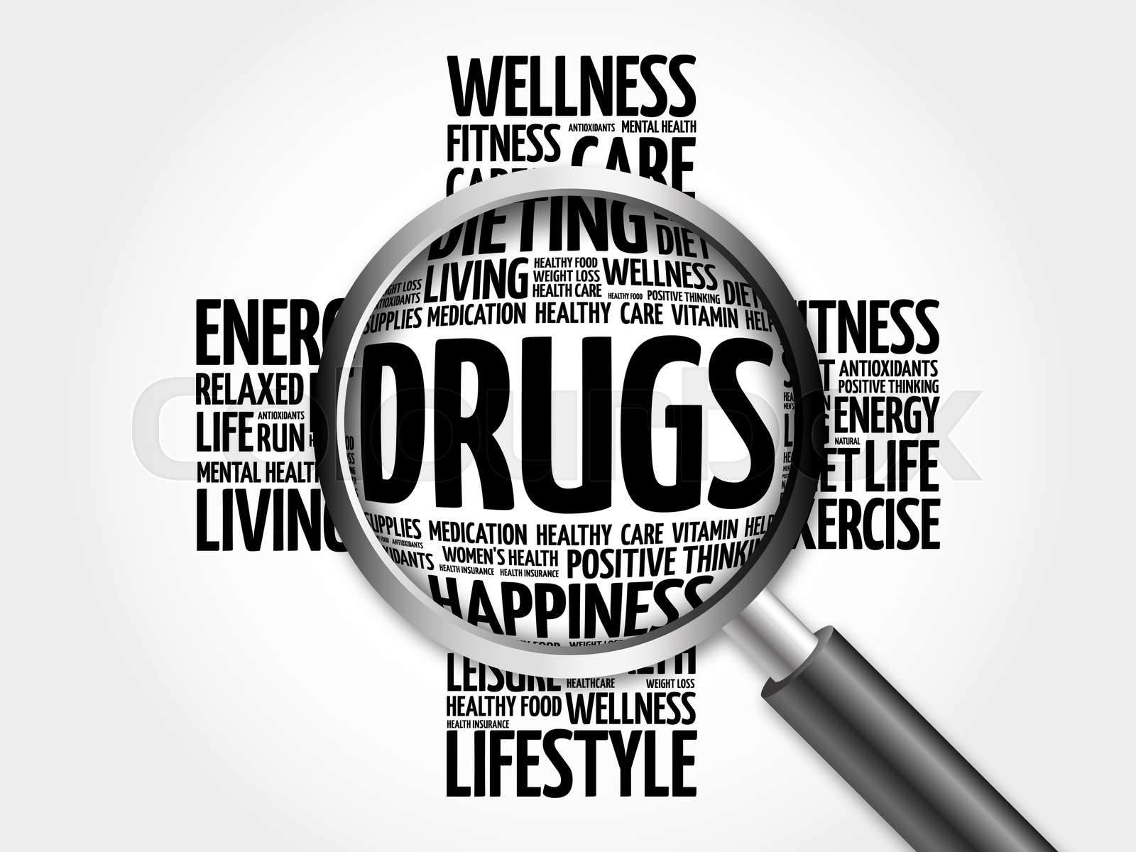 DRUGS word cloud with magnifying glass | Stock image | Colourbox
