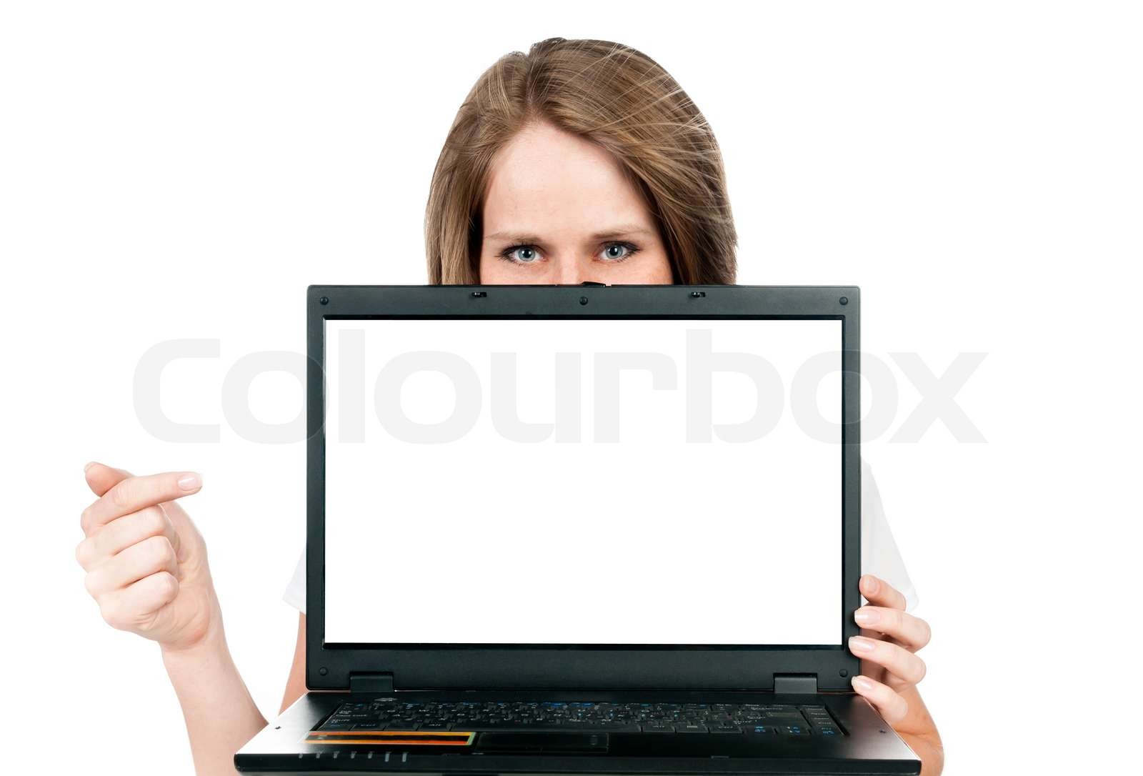 ung smuk pige med en bærbar computer med en hvid skærm til dit billede ...