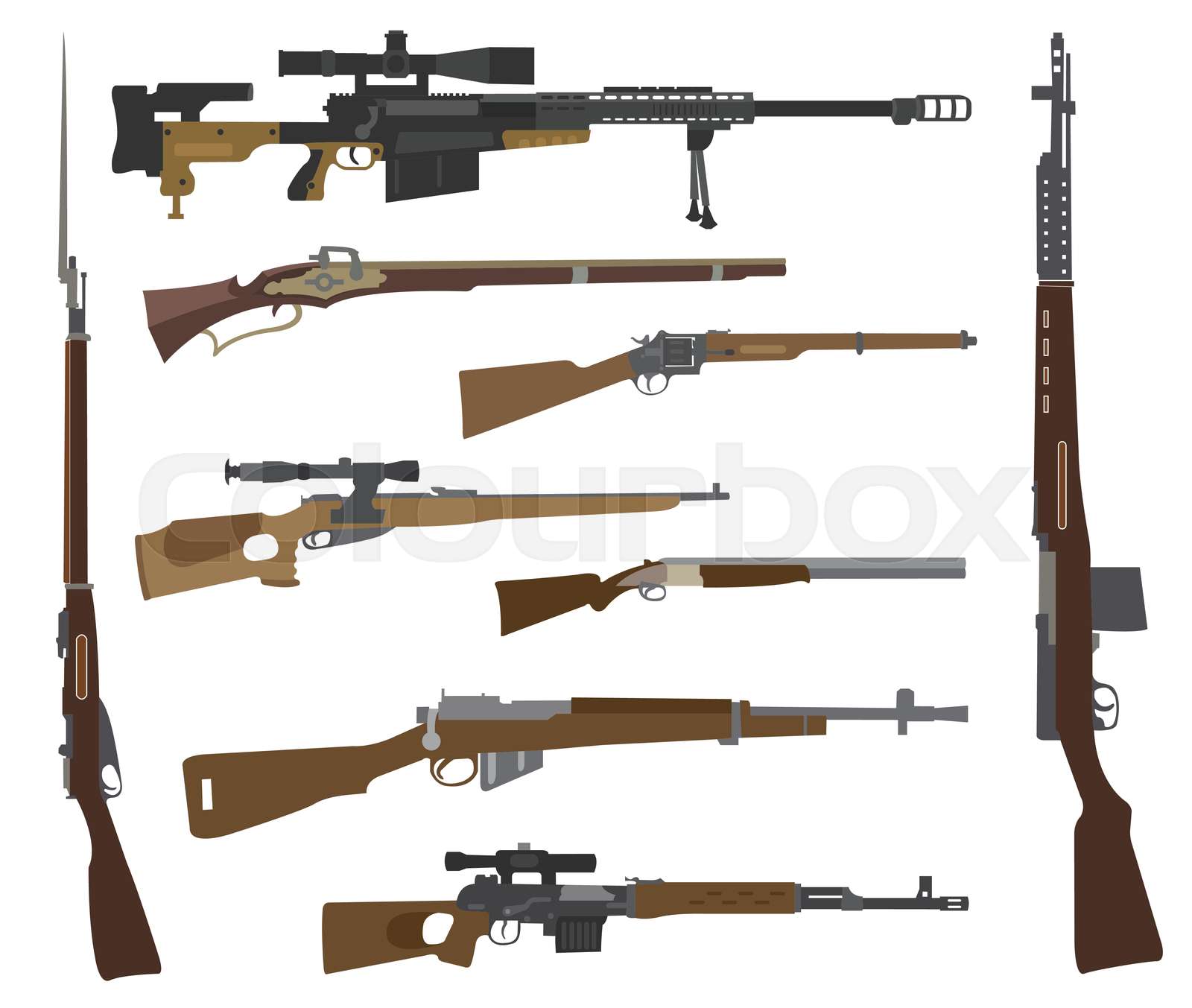 Firearm set. Gun, rifle, carbine. Flat design | Stock vector | Colourbox
