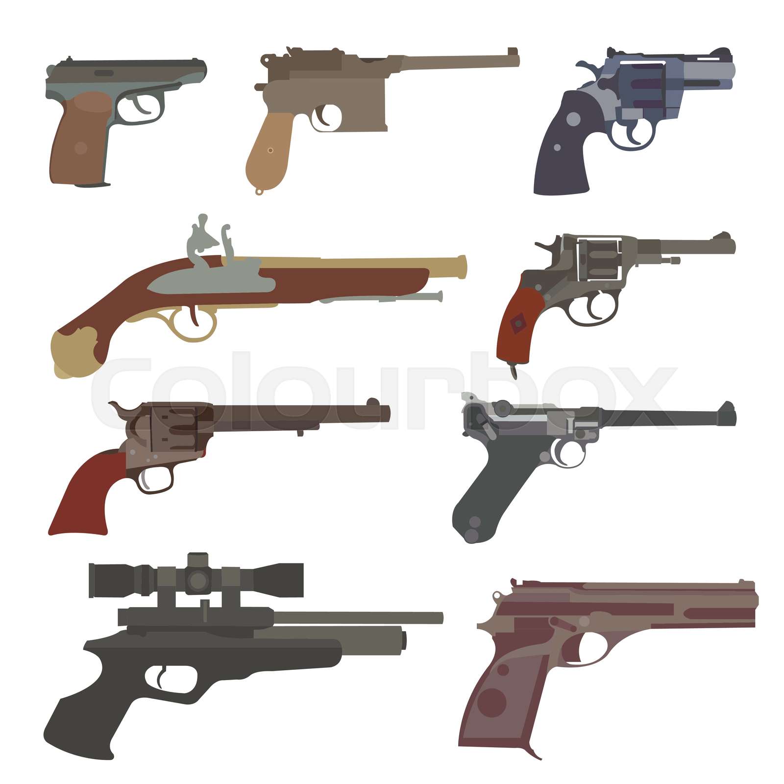 Firearm set. Guns, pistols, revolvers. Flat design | Stock vector ...