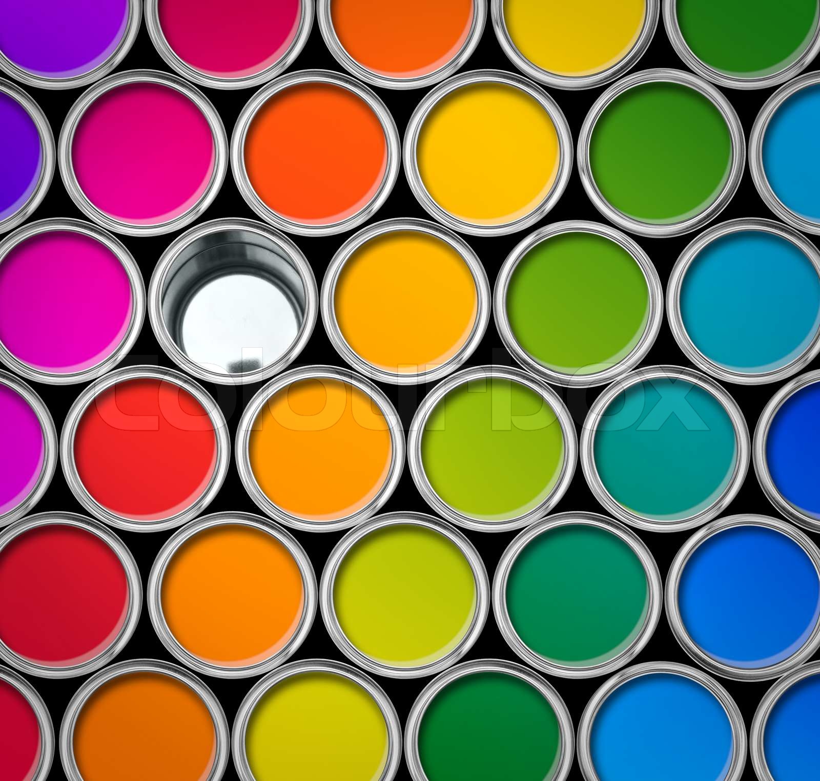 Paint can color palette, cans opened, one empty can | Stock image ...