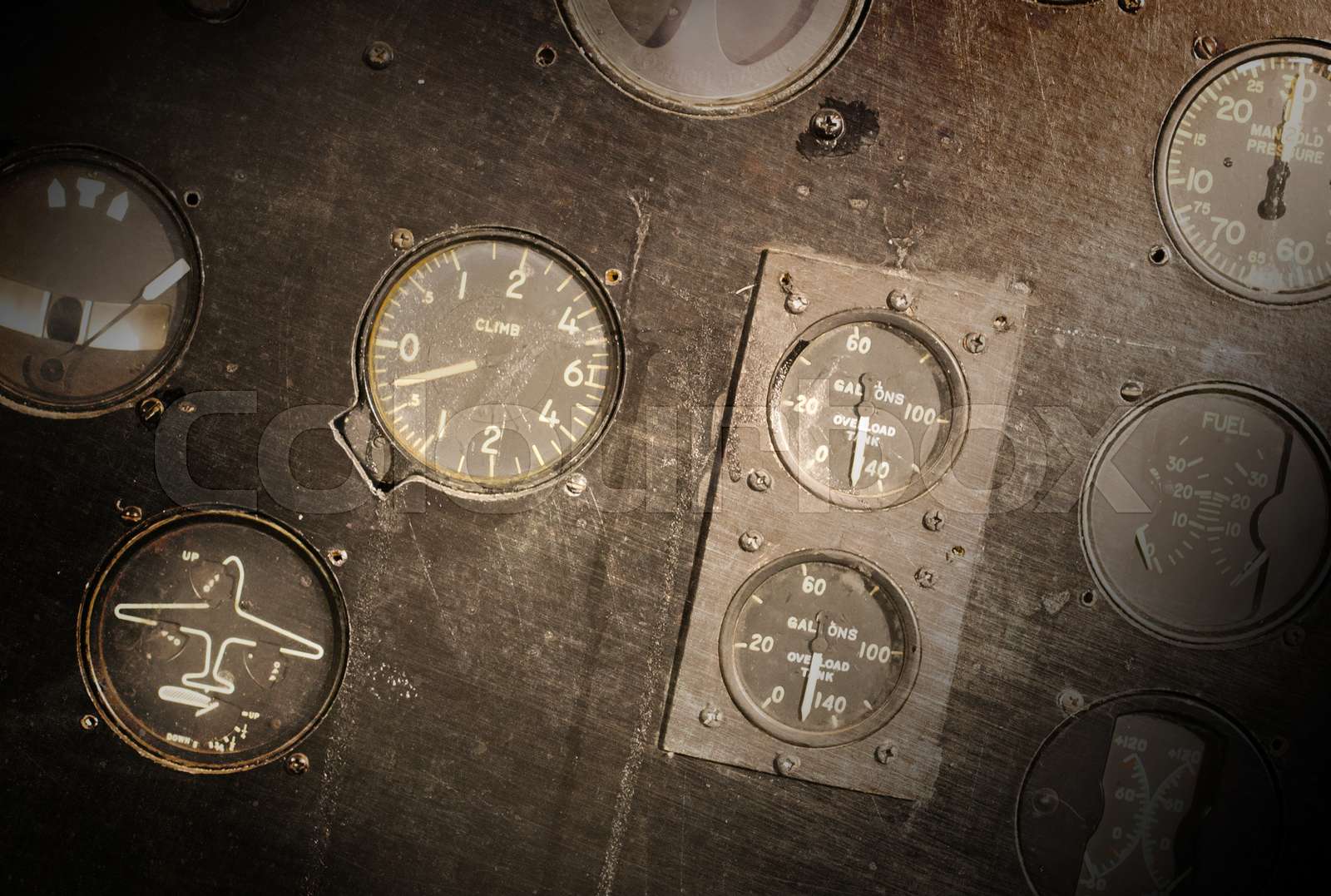 Different meters and displays in an old plane | Stock image | Colourbox