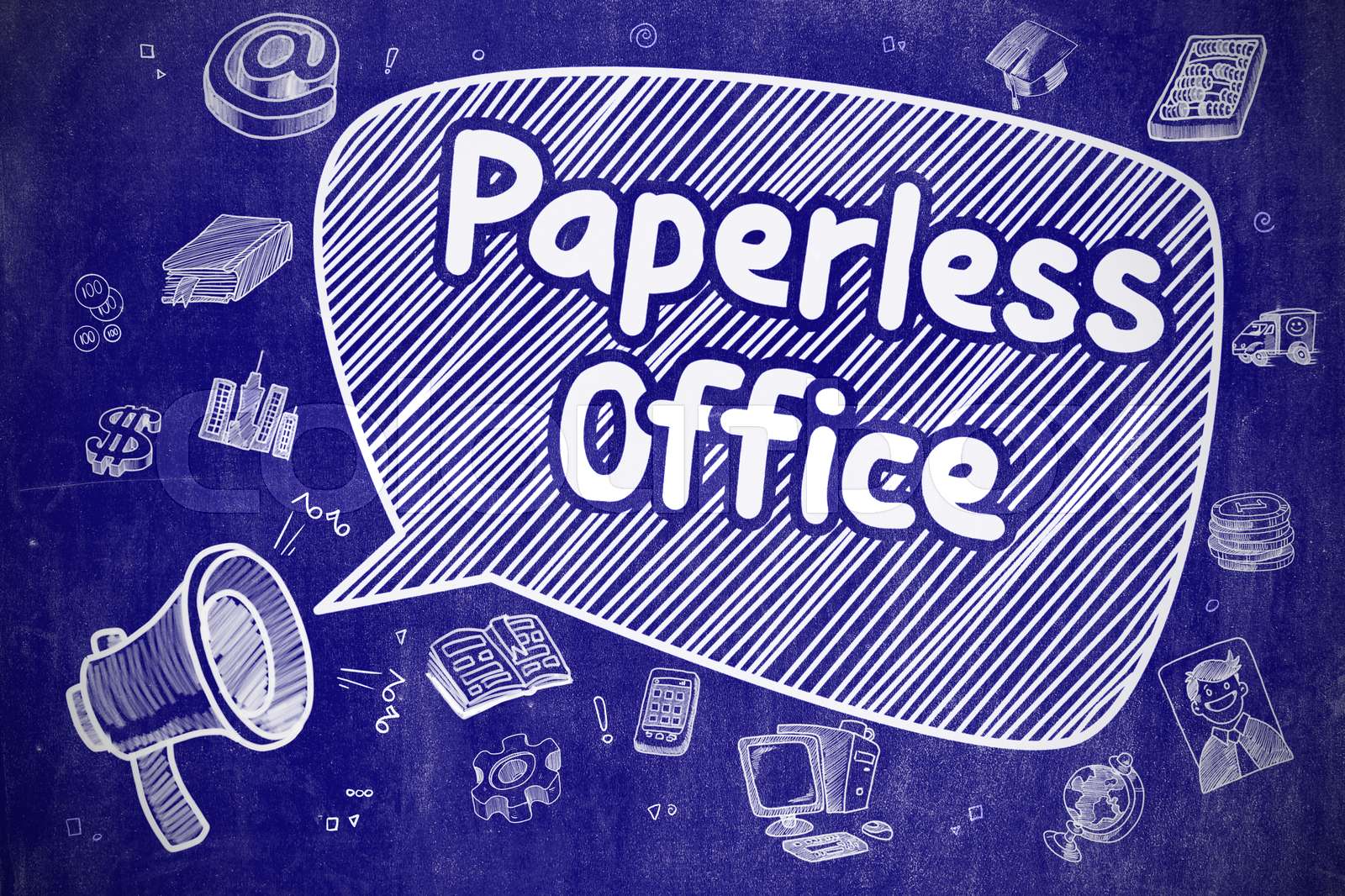 Paperless Office - Cartoon Illustration on Blue Chalkboard. | Stock ...