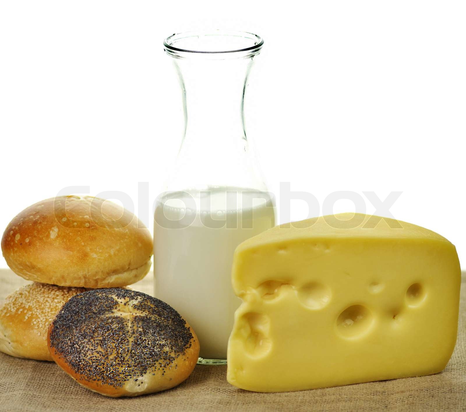 Dairy products - milk , cheese and bread rolls | Stock image | Colourbox