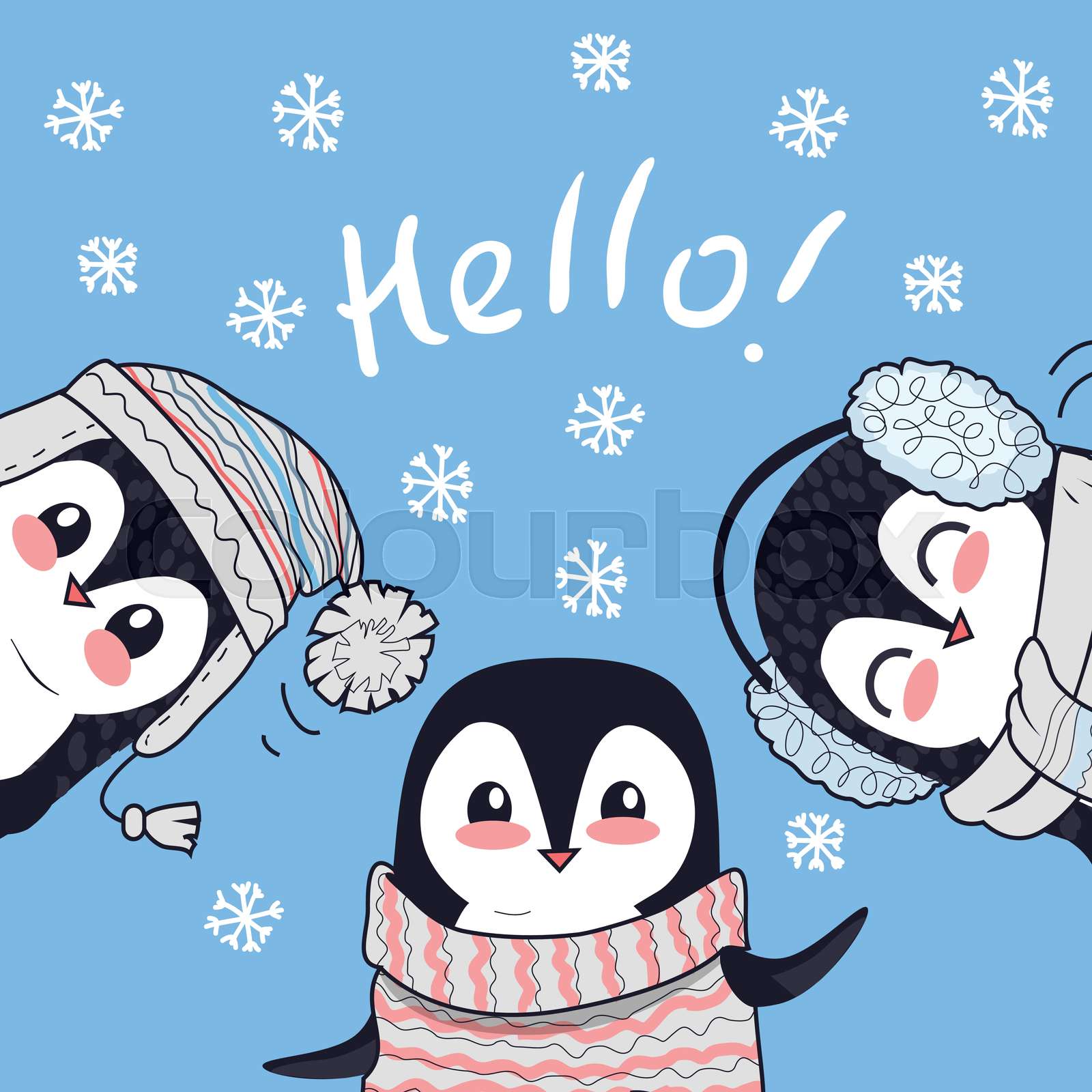 Three Little Penguins Say Greetings. Hello Banner | Stock vector ...