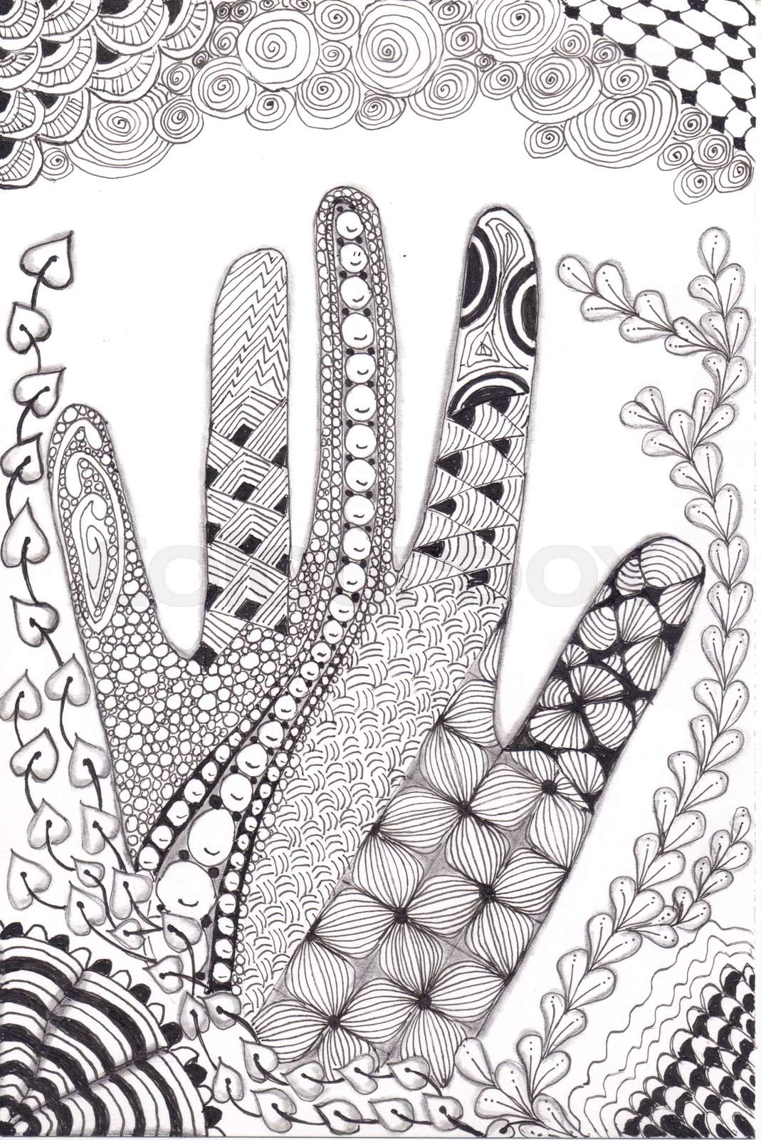 Zentangle hand drawn human palm with variety of tangles. Zen tangle ...