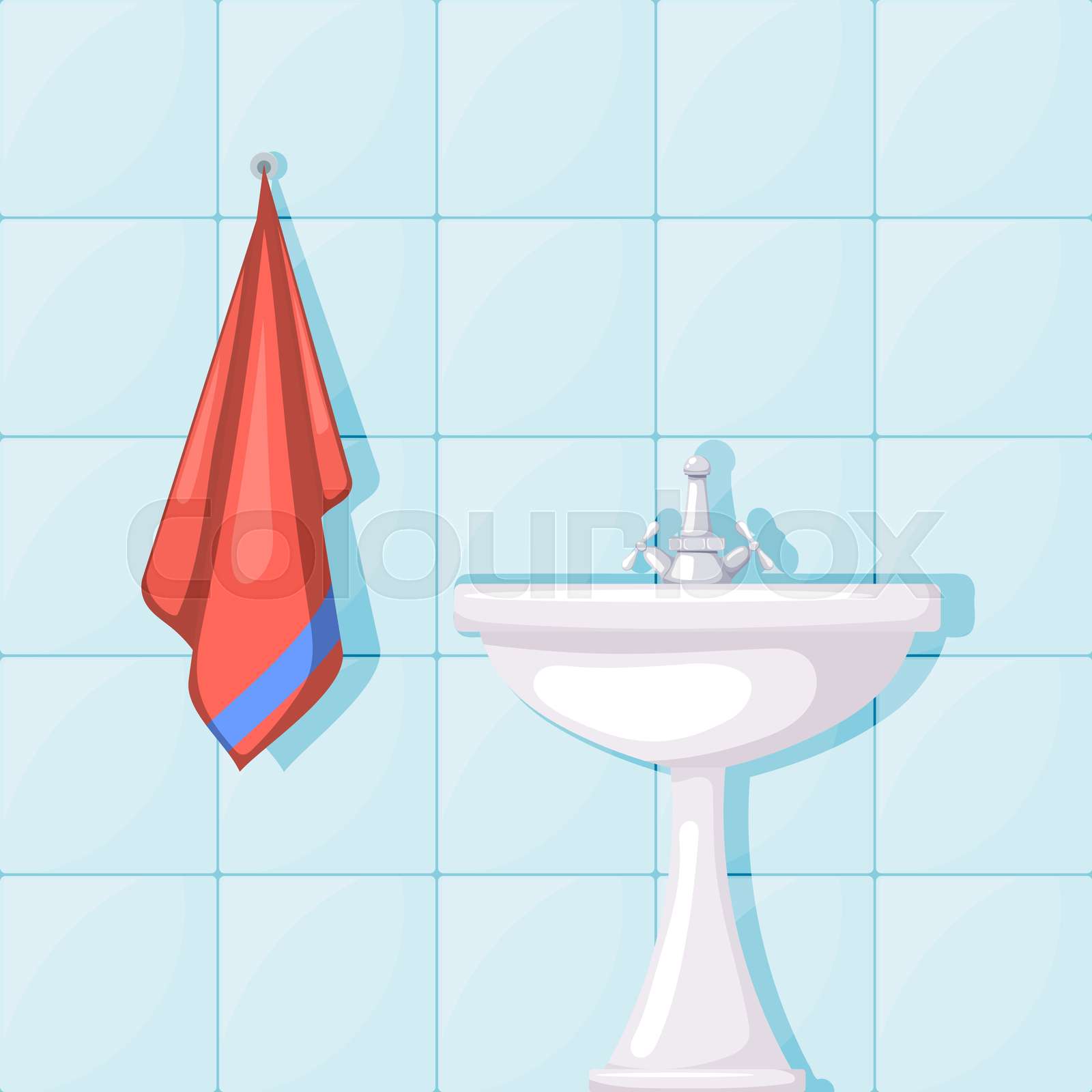 Vector illustration of bathroom ceramic wash basin, tiled walls and red ...