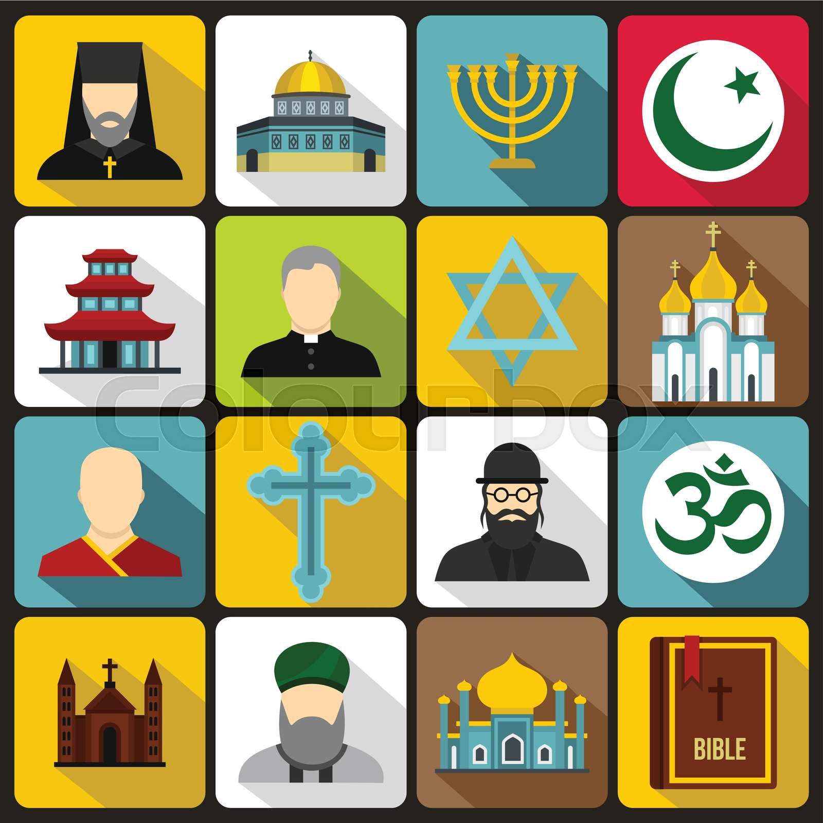 Religious symbol icons set, flat style | Stock vector | Colourbox