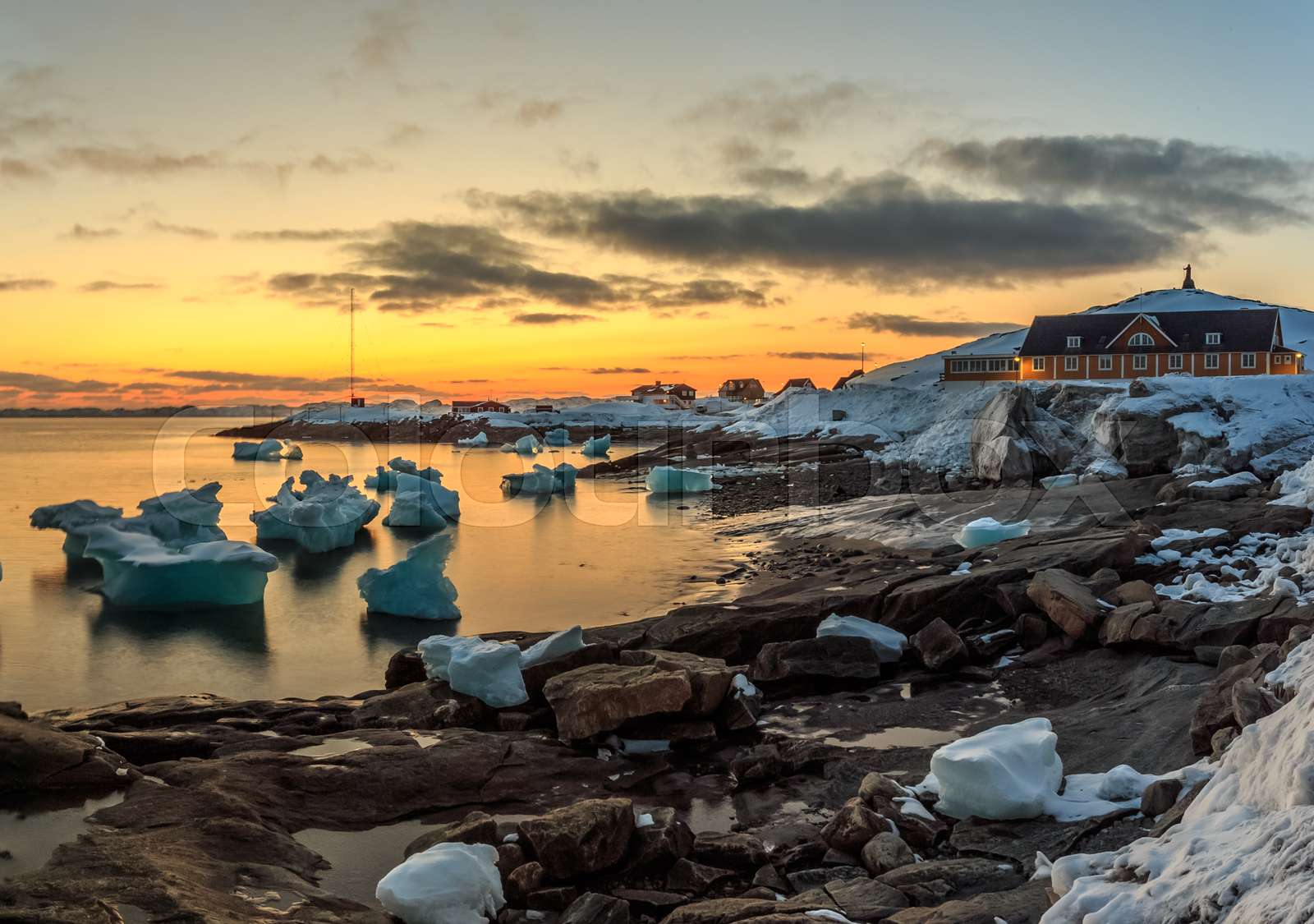 Nuuk city old harbor sunset view with icebergs, Greenland | Stock image ...