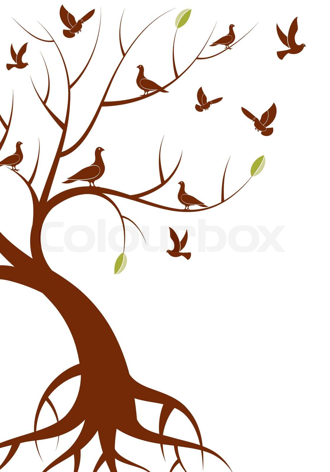 Stilisierter Baum mit Blättern und Vögeln , für Design, Vektor ...