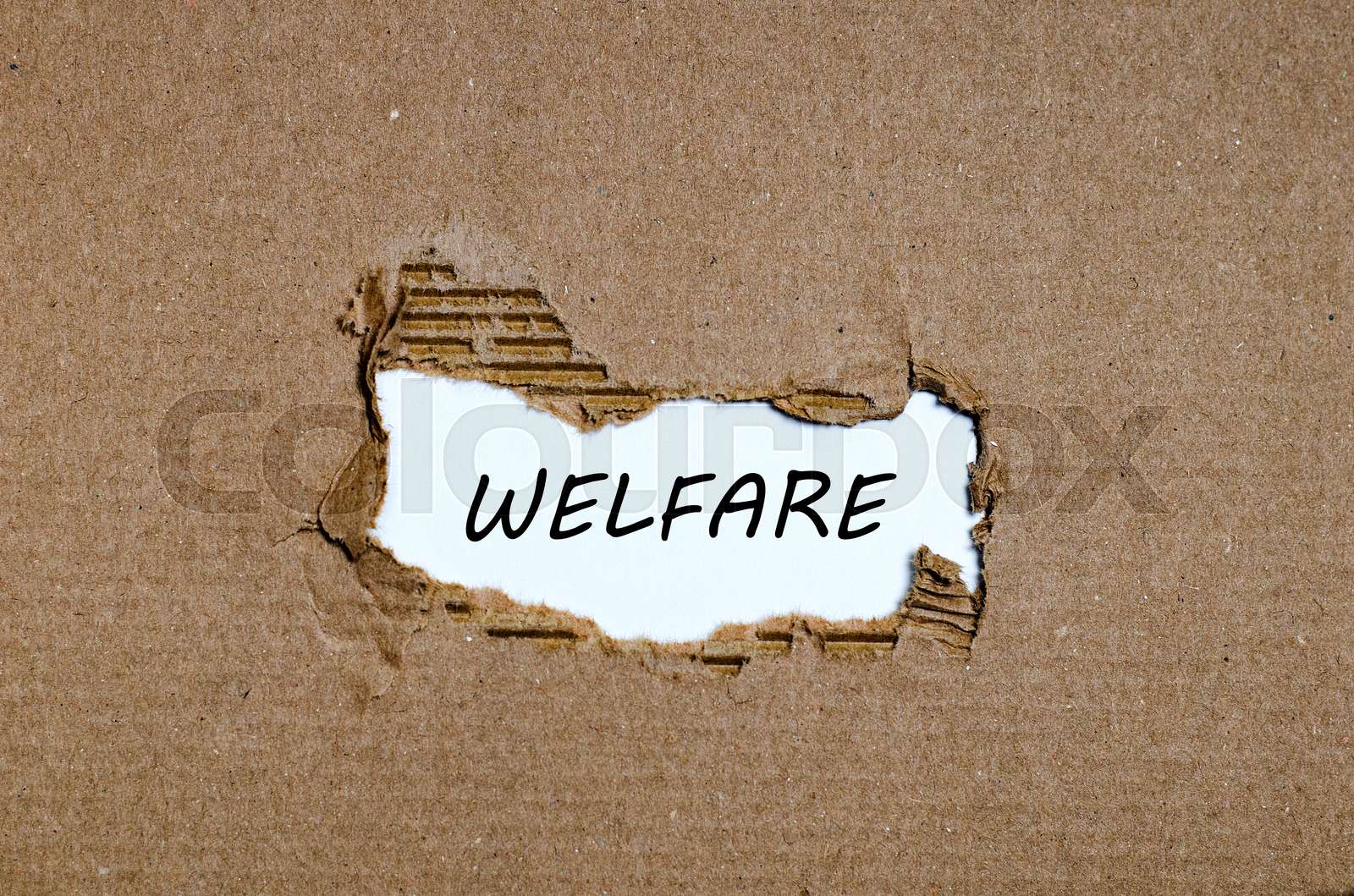 The word welfare appearing behind torn paper | Stock image | Colourbox