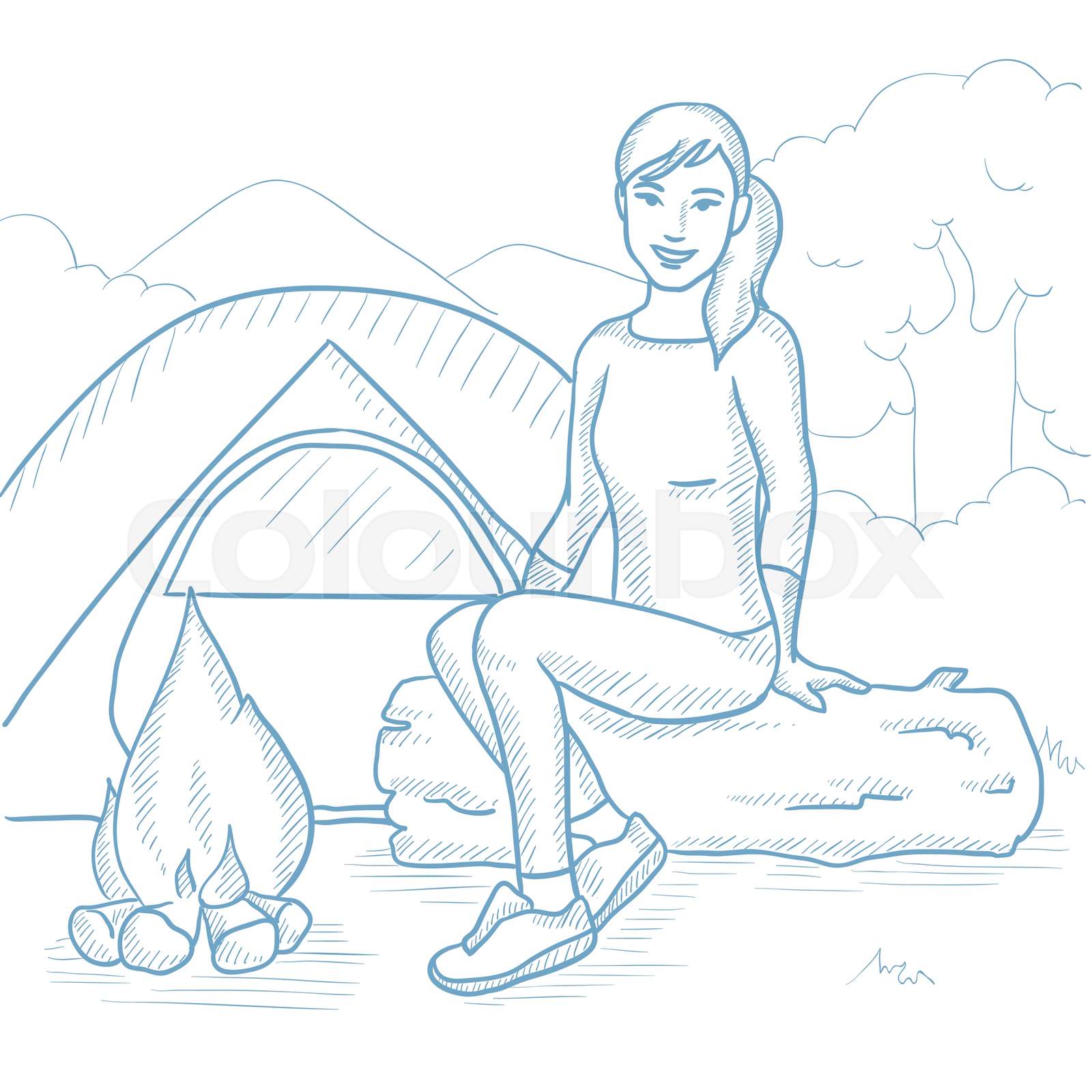 Woman sitting on log near campfire in the camping. | Stock vector ...