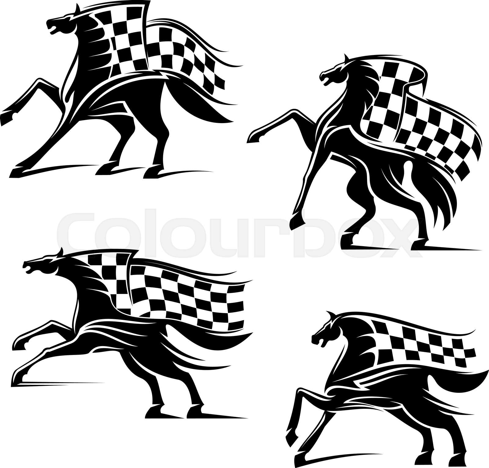 Racing sport emblems. Running horses with flags | Stock vector | Colourbox
