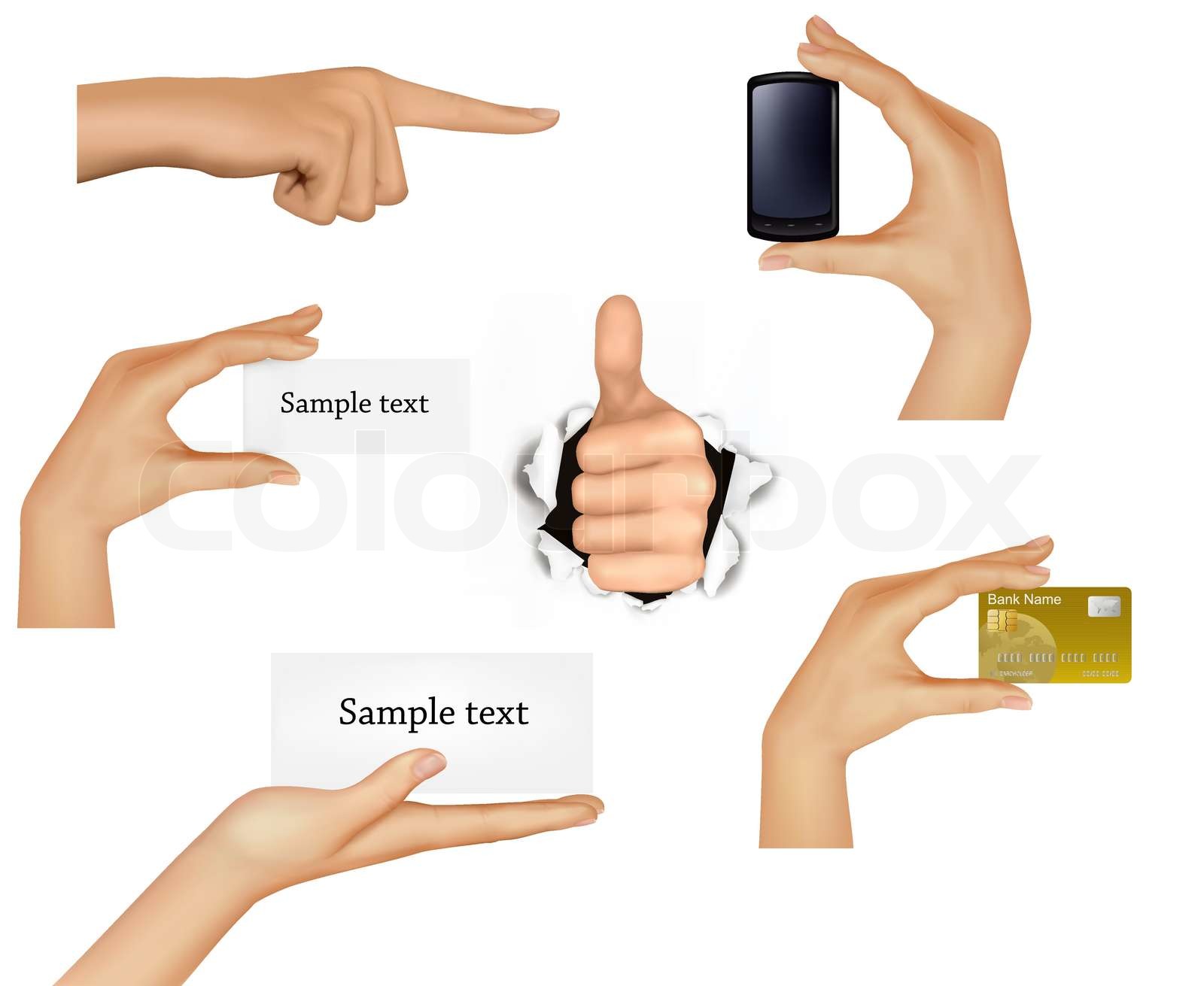 Set of hands holding different business objects. Vector illustration ...