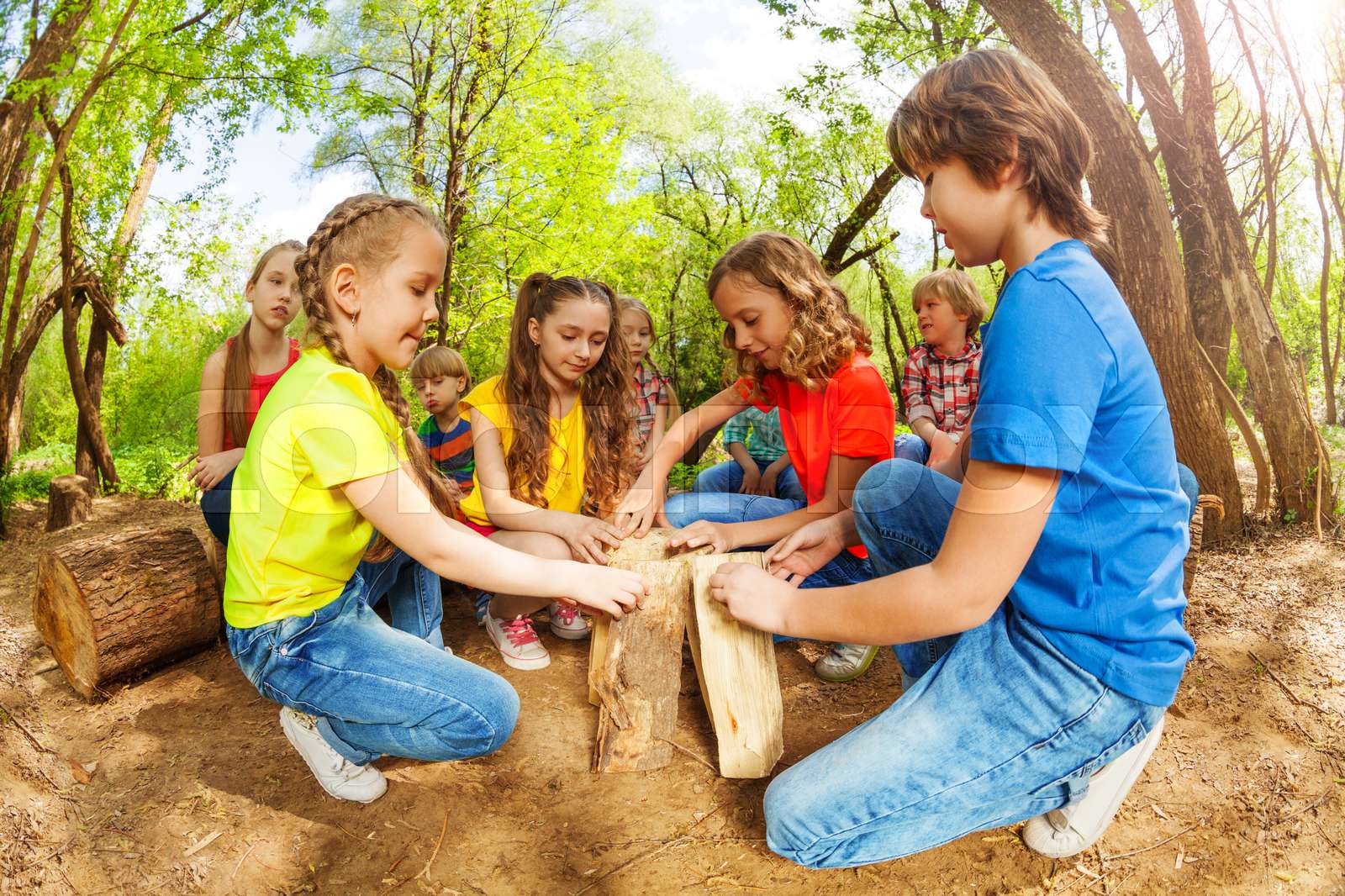 Happy children playing with logs in the forest | Stock image | Colourbox